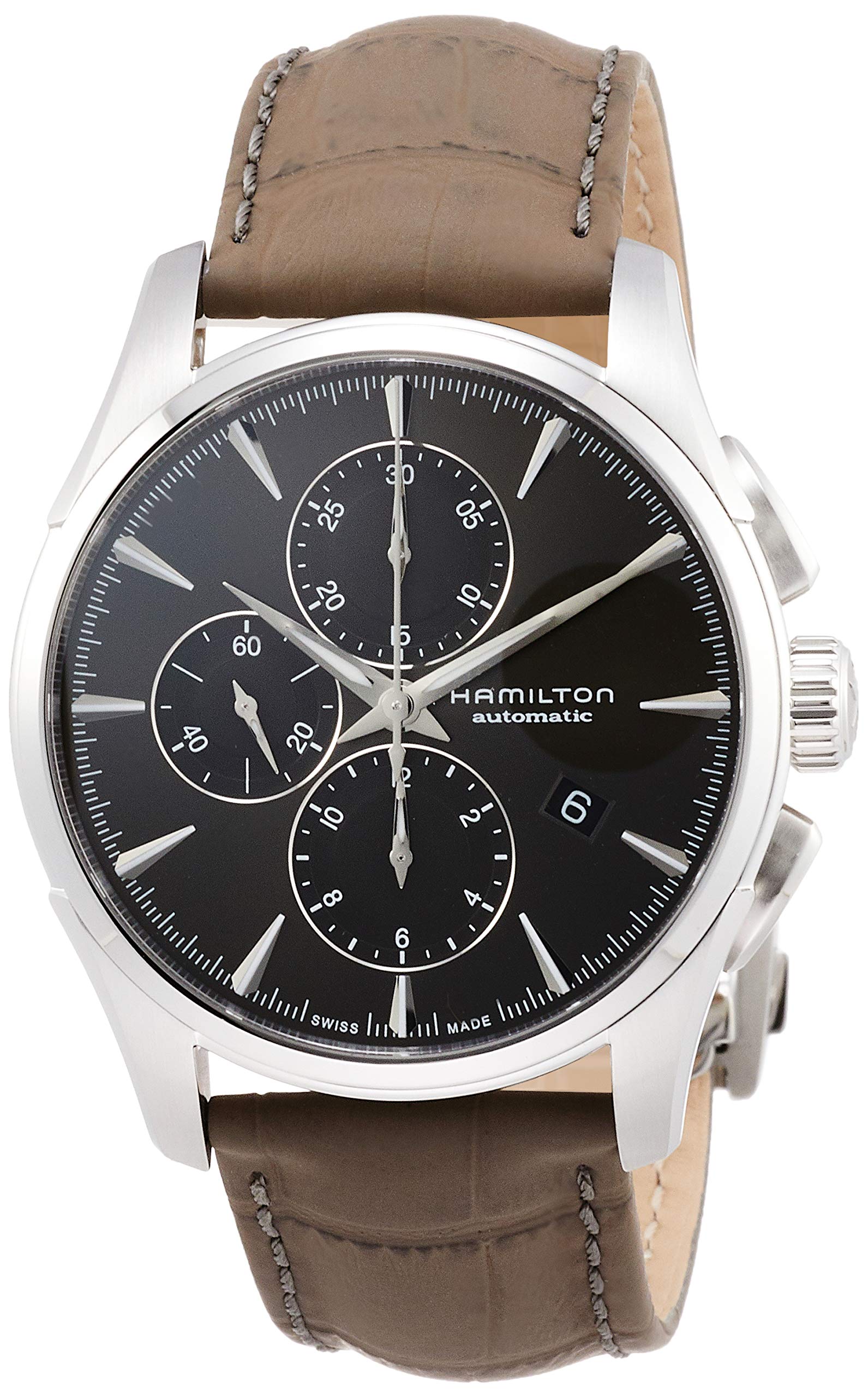 Hamilton Watch Jazzmaster Auto Chrono | Swiss Made | 42mm Stainless Steel Case | Anthracite Dial Analog Watch | Grey Leather Strap (Model: H32586881)