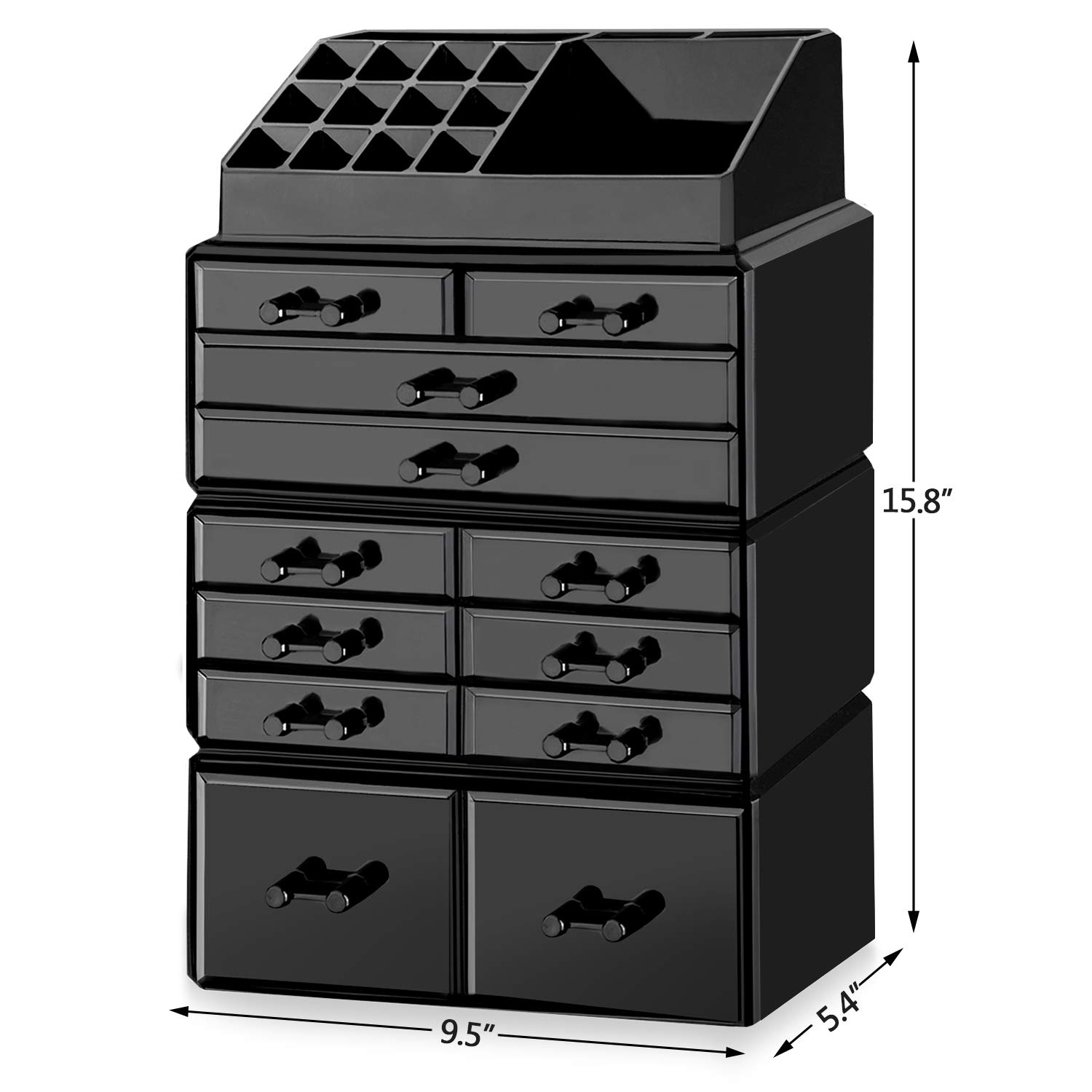 HBlife Makeup Organizer Acrylic Cosmetic Storage Drawers and Jewelry Display Box with 12 Drawers, 9.5 x 5.4 x15.8 Inches, Black