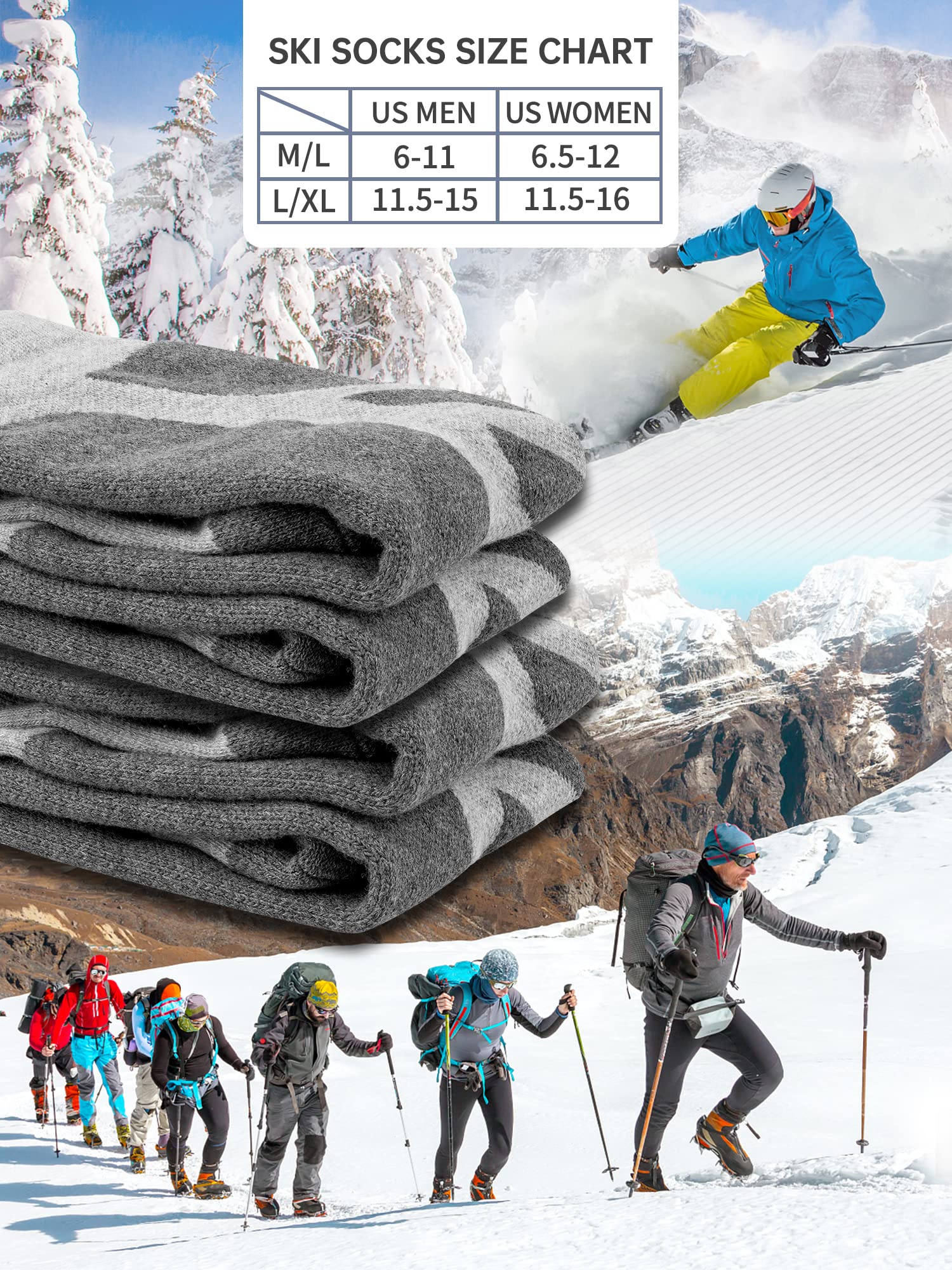 Kayzadd Skiing Socks for Men, Cold Weather Hiking Snowboarding Socks Thermal Knee High Warm Socks
