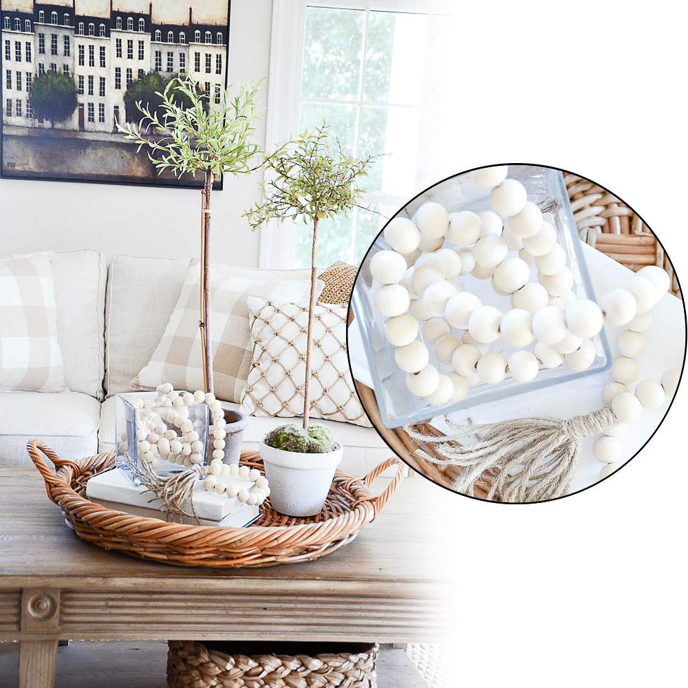 Hagao Farmhouse Beads, Natural Wood Bead Garland Rustic Country Beads with Tassles Wall Hanging Décor 57"