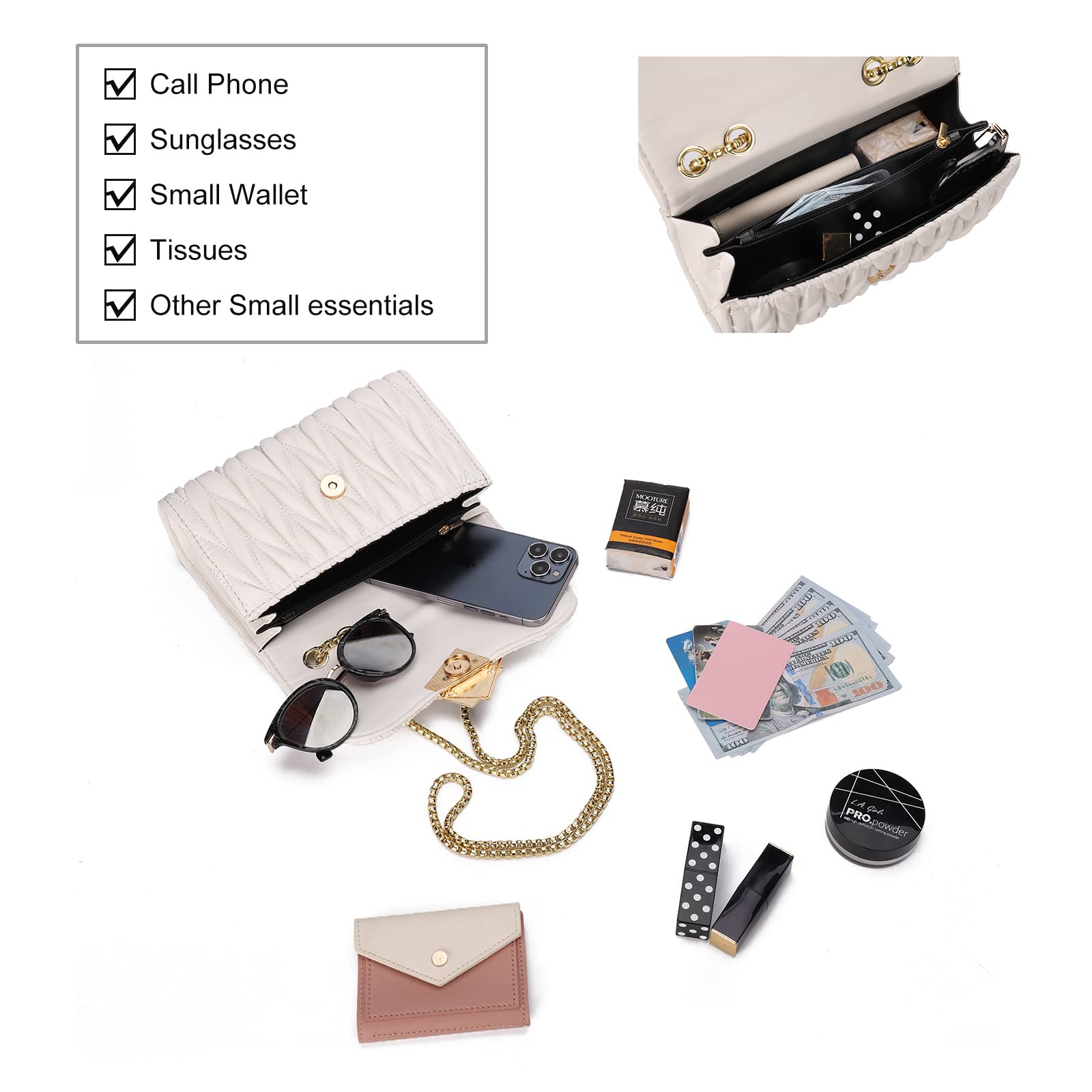 LAVTUG Small Quilted Crossbody Bags for Women Shoulder Purse Wallet with Chain Strap Stylish Clutch multiple pockets White