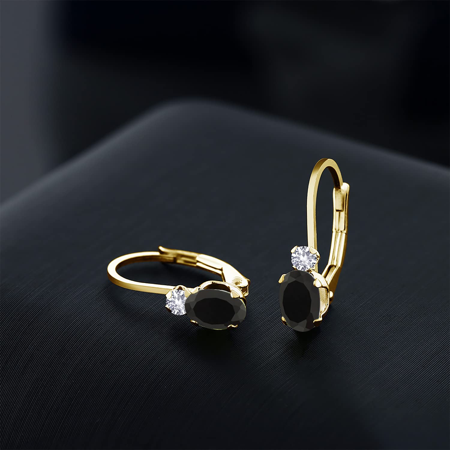 Gem Stone King 14K Yellow Gold Black Onyx and White Created Sapphire Leverback Earrings For Women | 0.86 Cttw | Gemstone December Birthstone | Oval 6X4MM, Round 2MM | 3/4 Inch