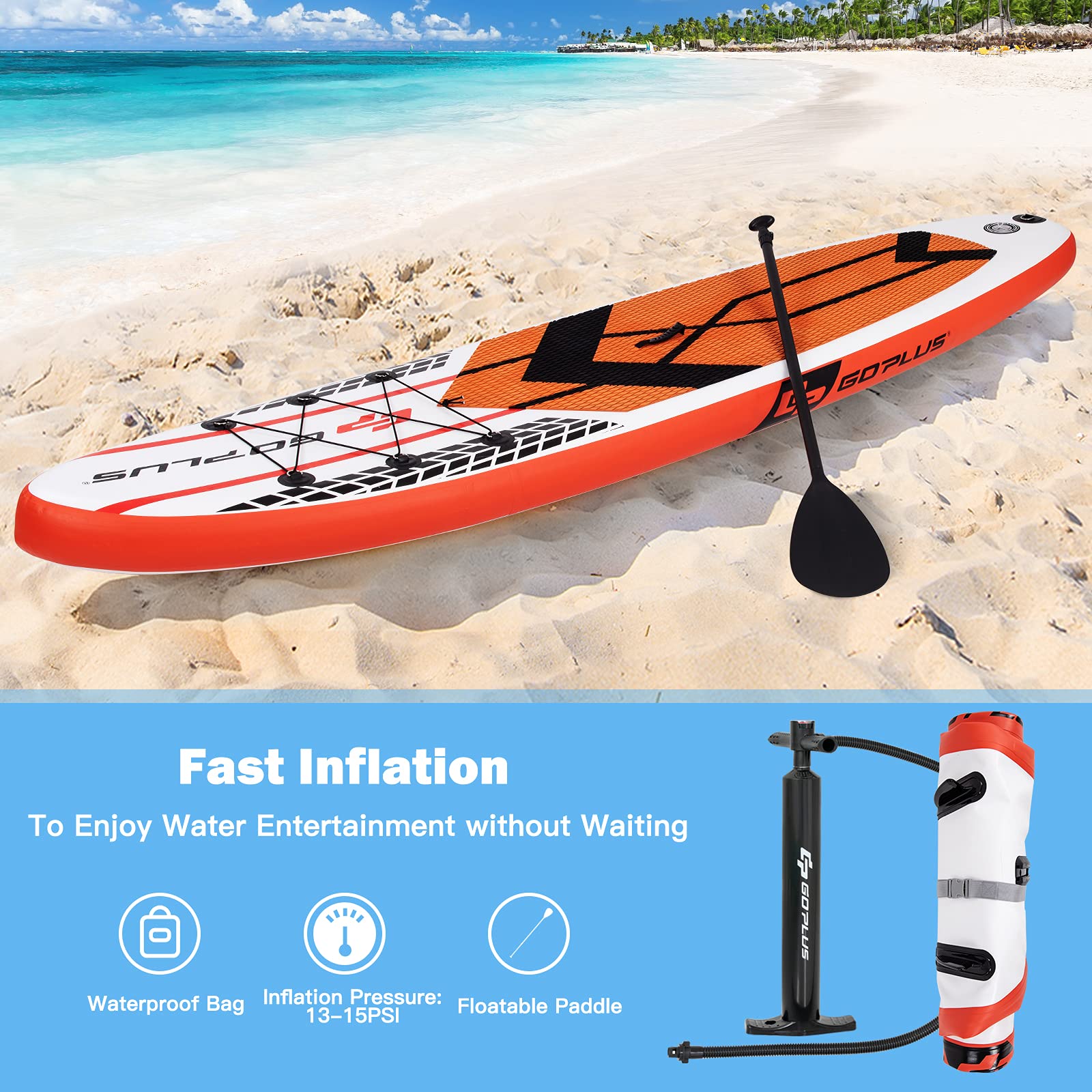 GOPLUS 10.5' Inflatable Stand Up Paddle Board SUP Cruiser with Fin, Adjustable Paddle, Hand Pump and Carry Backpack (Orange)
