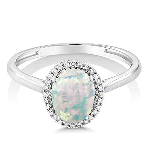 Gem Stone King 10K White Gold 8X6MM Oval Gemstone Birthstone & White Diamond Halo Engagement Ring | Wedding Anniversary Promise White Gold Ring For Women | Size 5,6,7,8,9