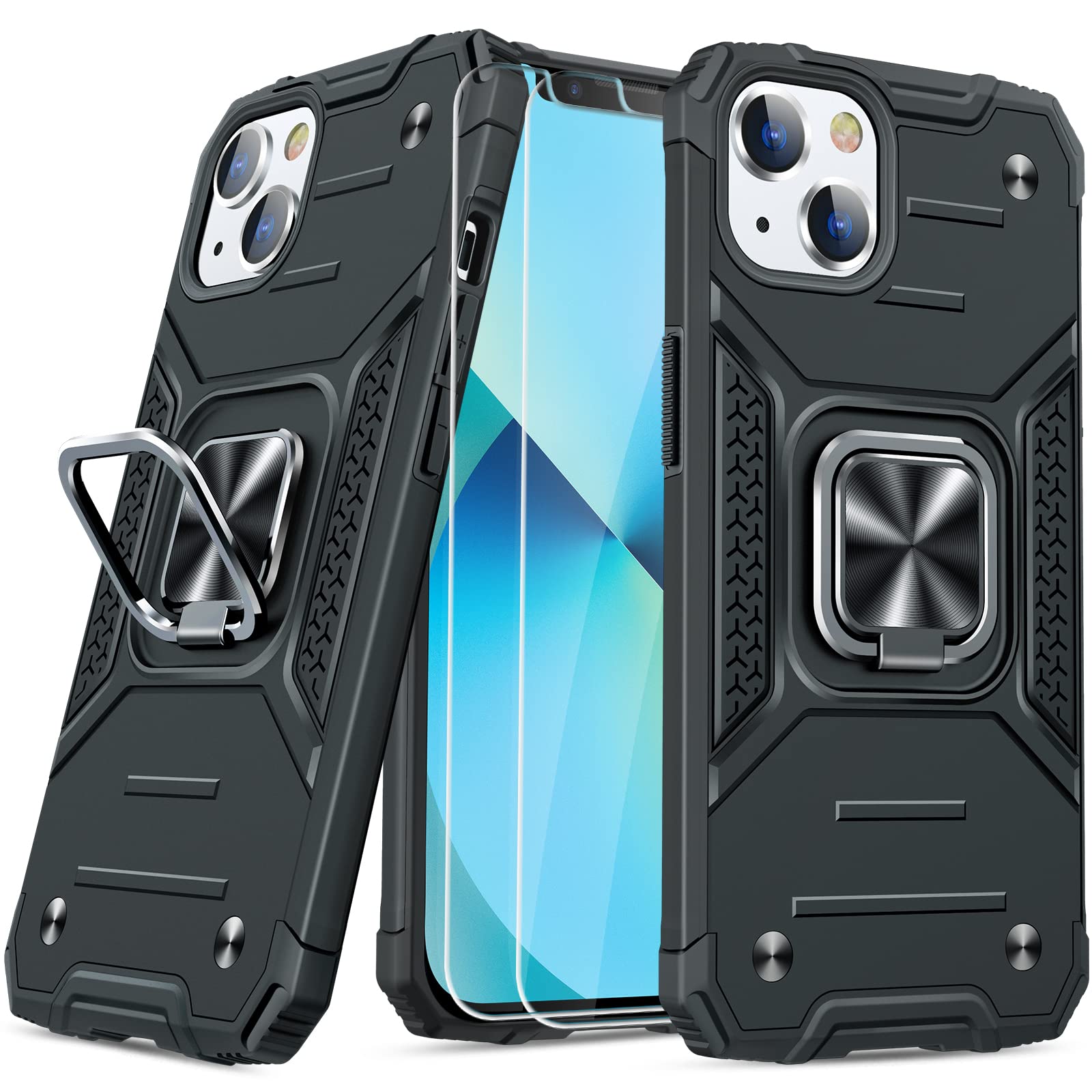 JAME for iPhone 13 Case with Screen Protector [2 Pcs], Slim Soft Bumper Case for iPhone 13, Heavy-Duty Protection Phone Case for iPhone 13 with Ring Holder Kickstand Case for iPhone 13 6.1 Inch, Black
