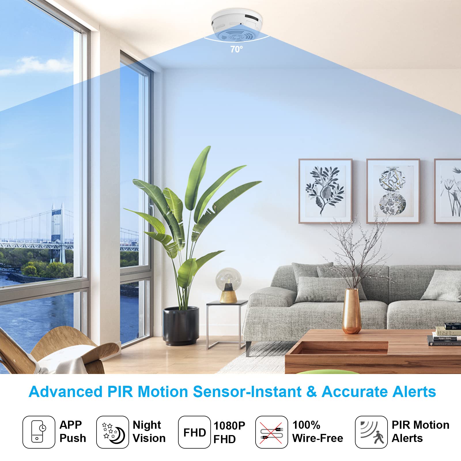 Hidden Camera,Smoke Detector Security Camera with Night Vision Motion Detection,1080P Security Cameras Indoor Wireless, Nanny WiFi Cam, 180 Days Battery Power Instant Alerts Real-Time View Nanny Cam