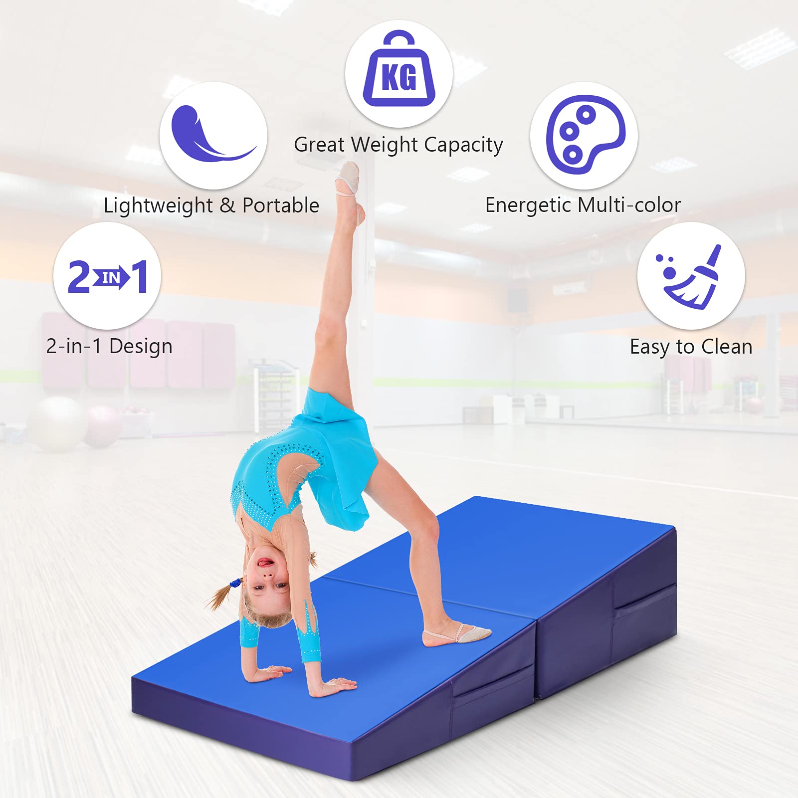 GYMAX Incline Gymnastic Mat, Folding and Non-Folding 60βx30βx14β Tumbling Cheese Wedge Mat for Gymnastic, Martial, Cheerleading, Dance Yoga Stretch Training Practice, Kids Girls Adult (Blue)