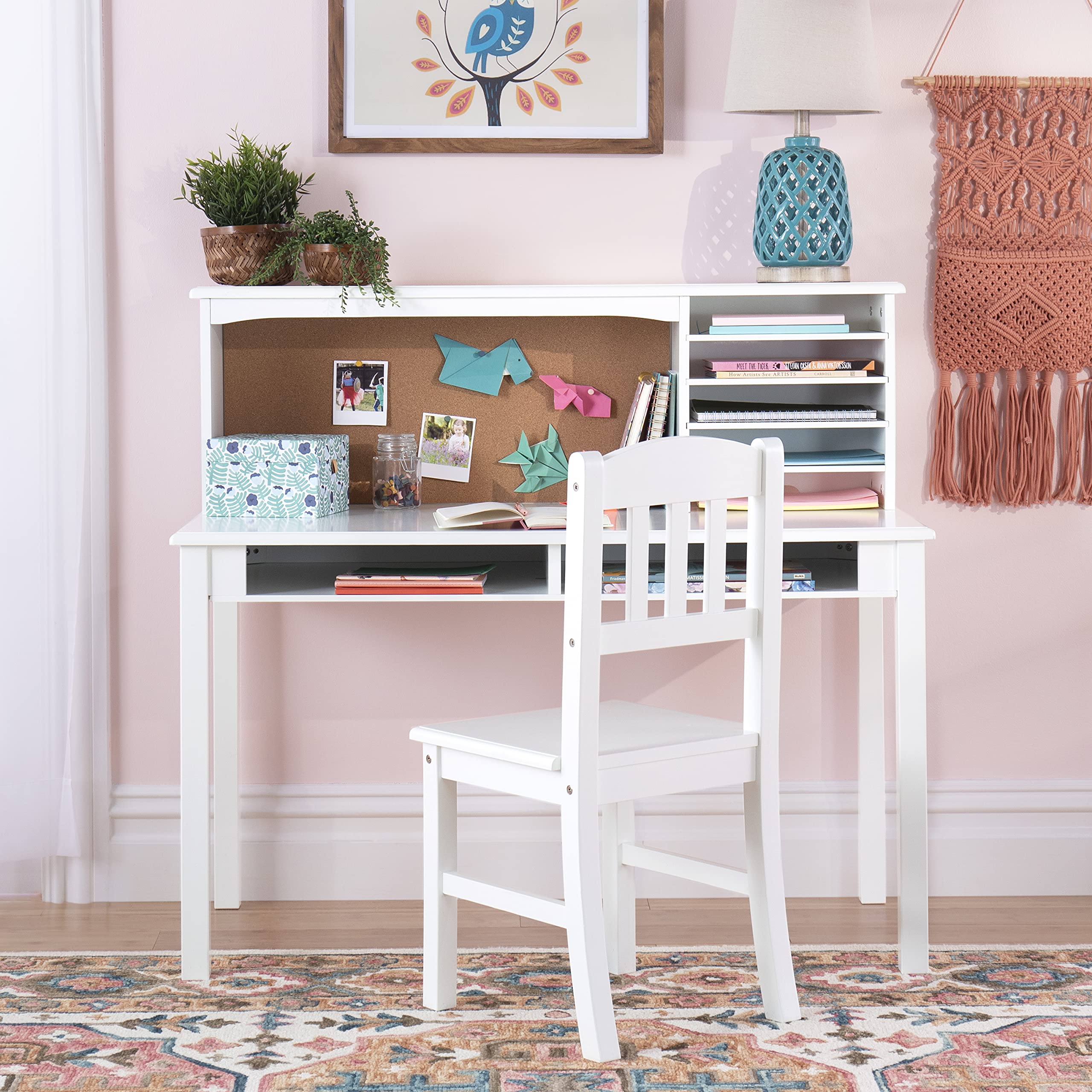 Guidecraft Children’s Media Desk and Chair Set – White: Student's Study Computer Workstation with Hutch and Storage, Wooden Kids Bedroom Furniture