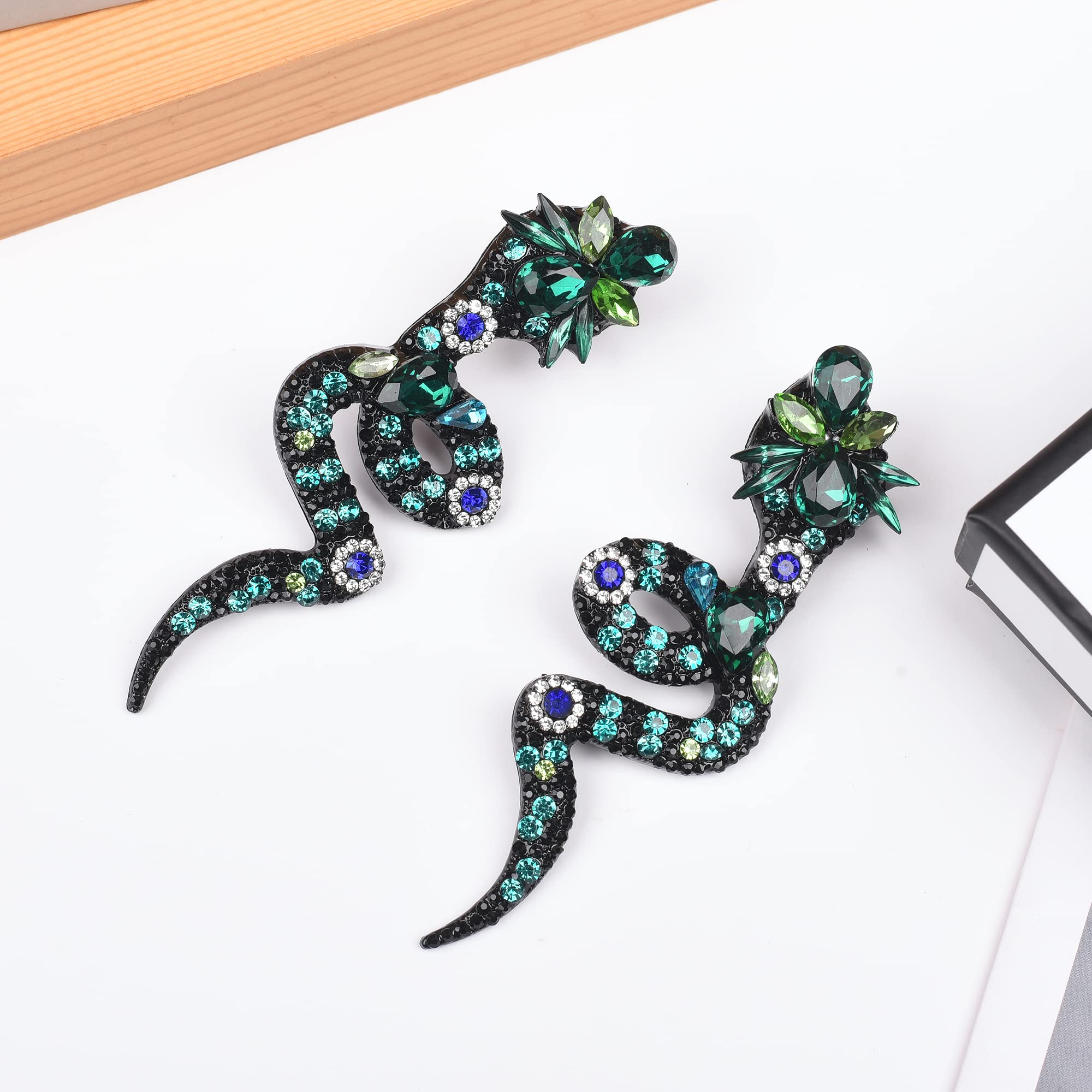 LEE&RO Statement Snake Earrings Rhinestone Snake Jewelry Crystal Earrings Retro Vintage Earrings Green Statement Earrings