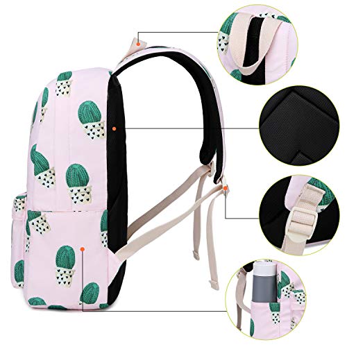 School Backpack Set 3 Pieces Lightweight Teen Girls Bookbags Insulated Lunch Bag Pencil Case (Cactus)