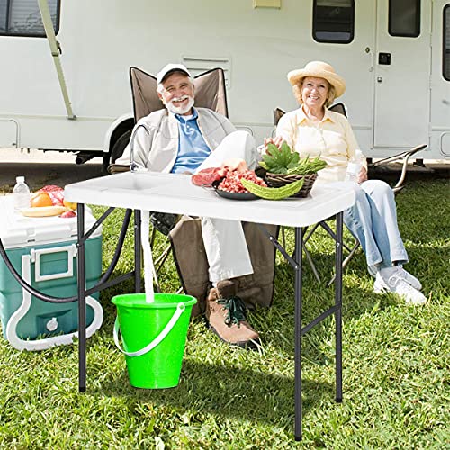 Goplus Portable Fish Cleaning Table with Sink, Folding Outdoor Camping Sink Station with Hose Hook Up, Heavy Duty Fillet Table with Faucet for Dock Beach Patio Picnic