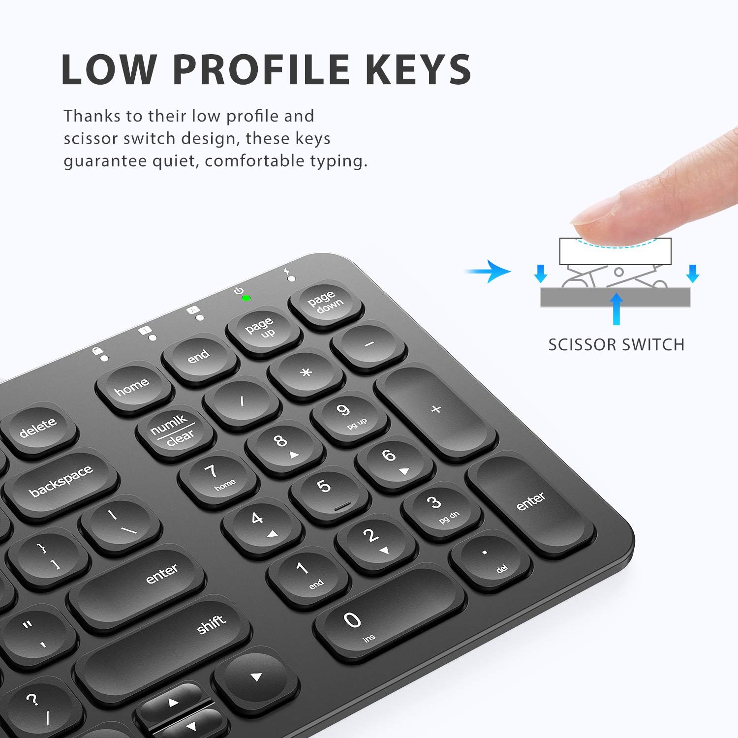 iClever Wireless Keyboard, GKA2-01B Rechargeable 2.4G Full Size Slim Silent Computer Keyboard, Ergonomic Wireless Keyboard with Number Pad for Mac, Windows7/8/10, PC, Laptop, Desktop, iMac, Black