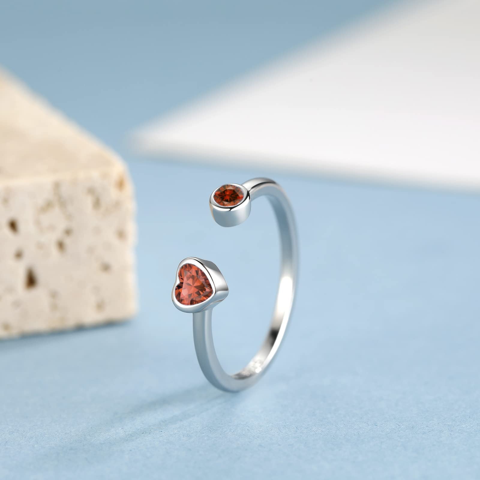 January Garnet Birthstone Heart Ring, 925 Sterling Silver Adjustable Birthstones Stackable Finger Open Rings Wedding Engagement Eternity Bands with Red CZ, Birthday Jewelry Gift for Women