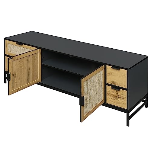 Voohek Rattan Boho TV Stand with Drawers and Adjustable Shelves, Entertainment Center w/Storage for 65 inch Television, Media Console Table for Living Room, Black