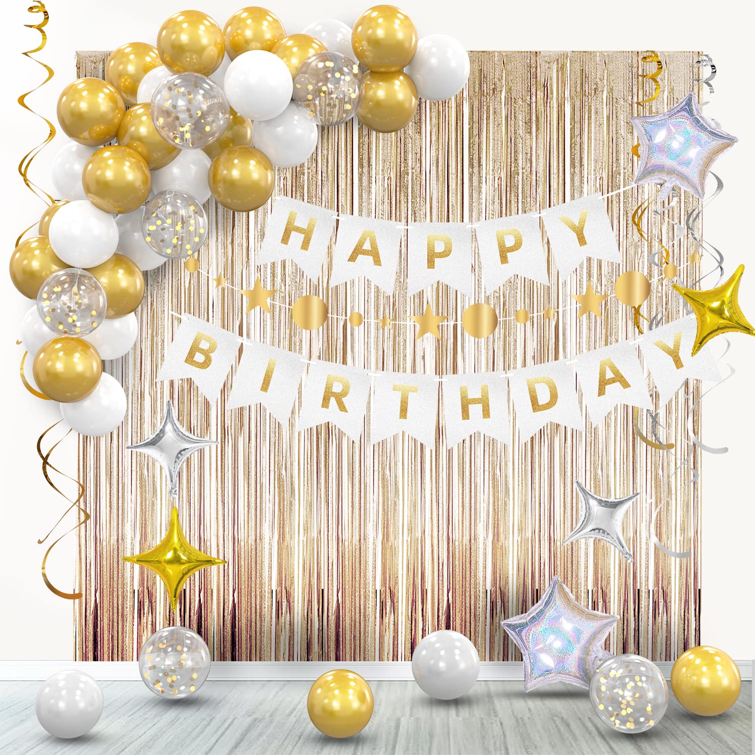Gold Birthday Decorations - for Women Men Girls Boys,Gold White Party Decorations Set With Birthday Banner(Pre-Strung),Gold Foil Curtains,Gold White Confetti Balloons,Star Garland and Hanging Swirls.