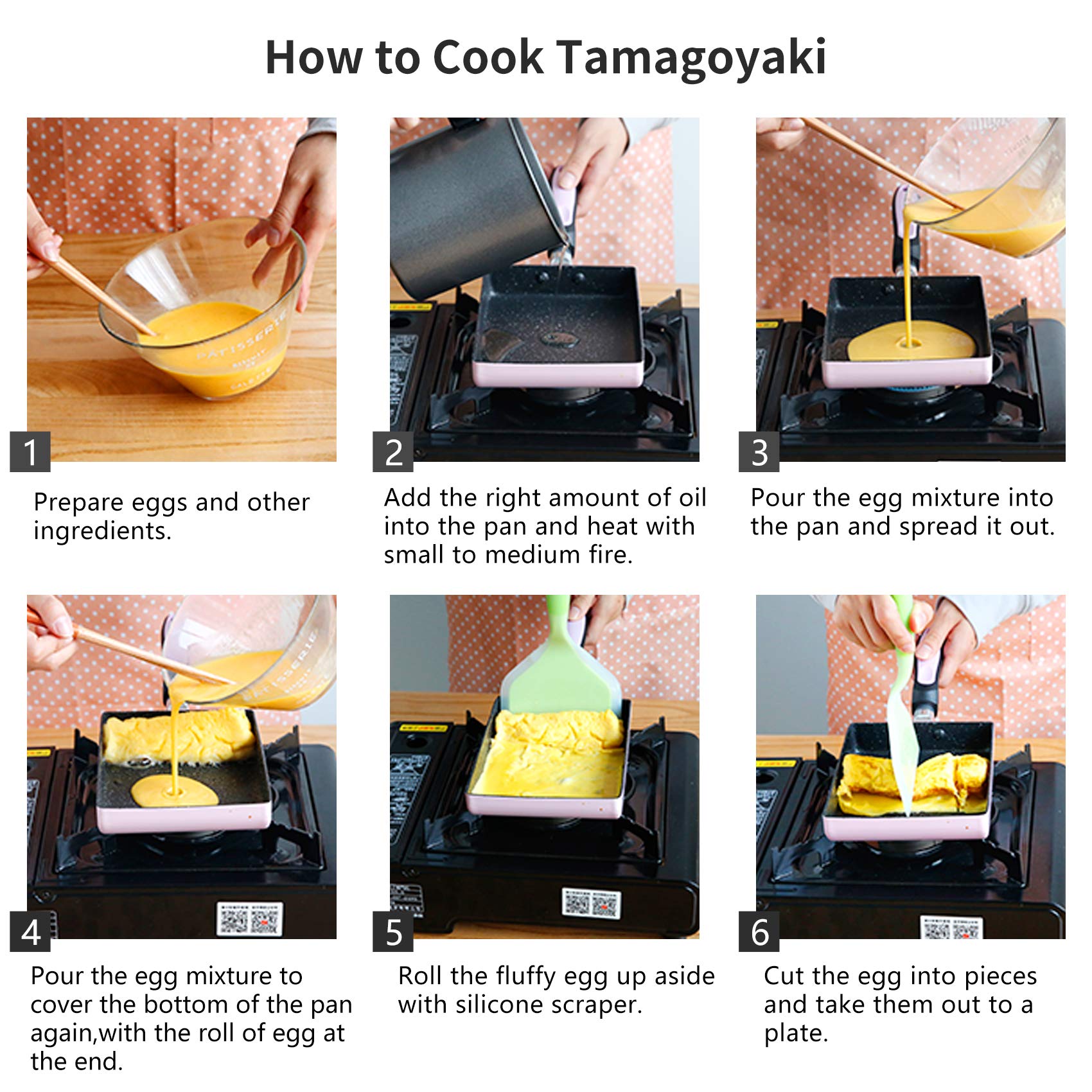 HooJay Japanese Omelette Pan,5"×7" Nonstick Tamagoyaki Egg Pan,Rectangle Small Frying Pan with Silicone Spatula & Brush,Black