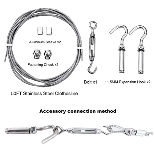 Vousile 50ft Clothesline Outdoor, 50' Stainless Steel Clothesline Wire Kit Heavy Duty Clotheslines Rope for Camping Travel Drying