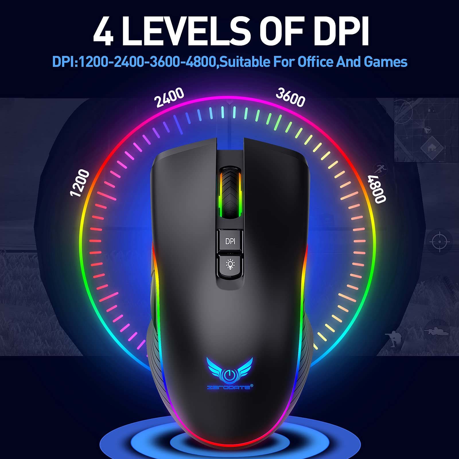 HETOETF Rechargeable Wireless Gaming Mouse, RGB LED Backlit Mouse with 4 Adjustable DPI, 7 Button, 2.4G USB Optical Gaming Ergonomic Computer Mice for Laptop PC Gamer Computer Desktop (Black)