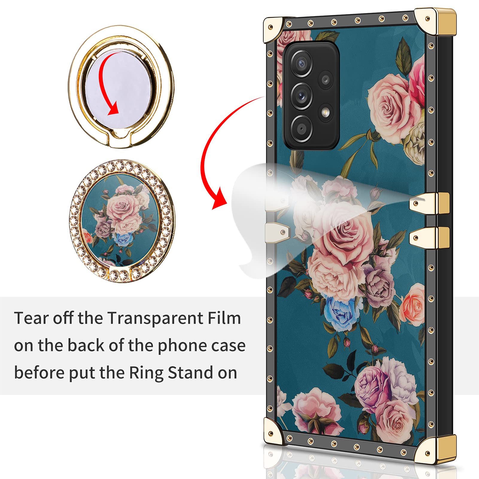 HoneyAKE for Samsung Galaxy A52 5G Case with Ring Stand Holder Floral Elegant Soft TPU Reinforced Corner Shock-Absorbing Protective Cover Square Case Compatible with Samsung Galaxy A52 6.5 inch Peony