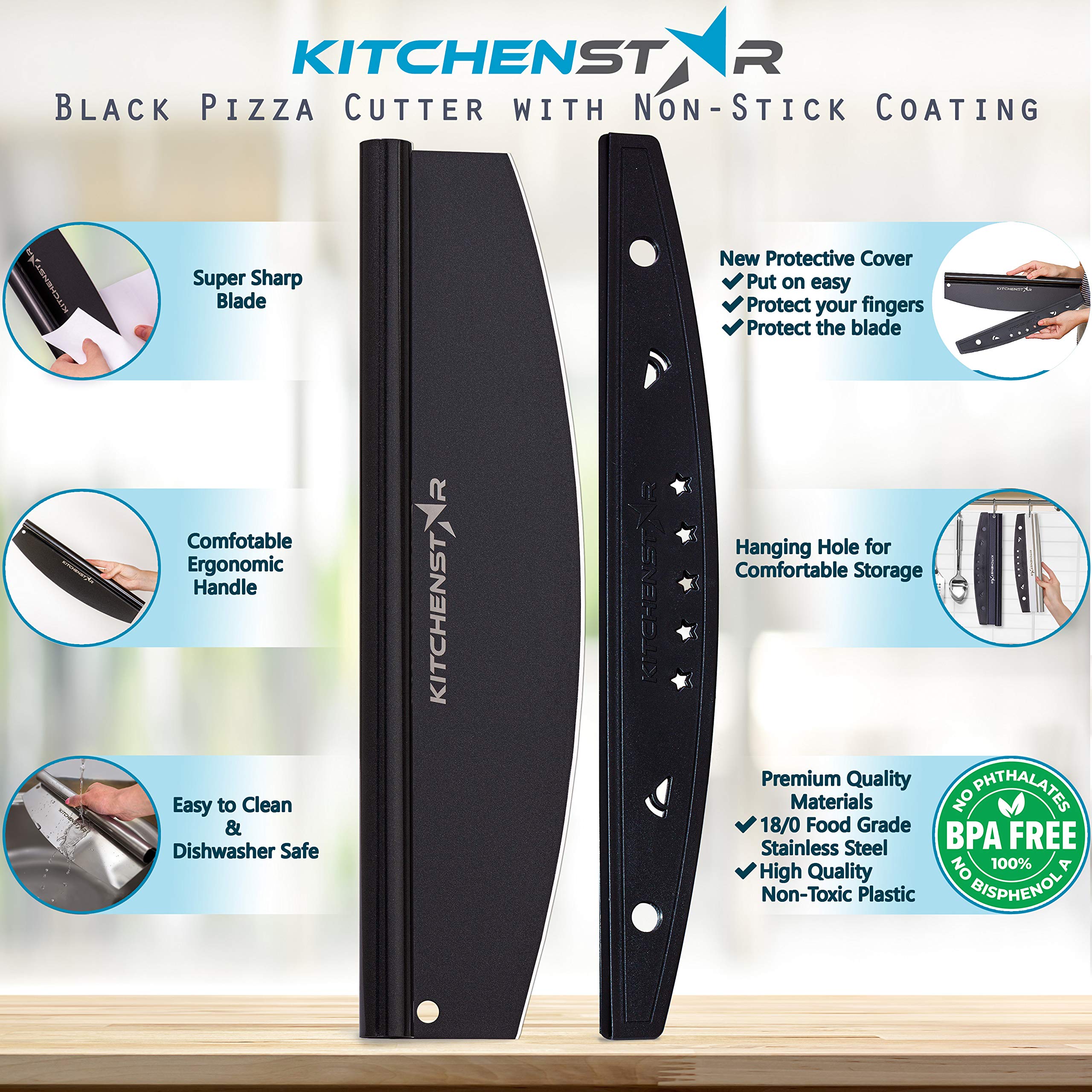 KitchenStar Pizza Stone for Oven and Grill 12 inch + Pizza Cutter Rocker 12" Black - Pizza Making Set Bundle - Premium Pizza Oven Accessories and Tools