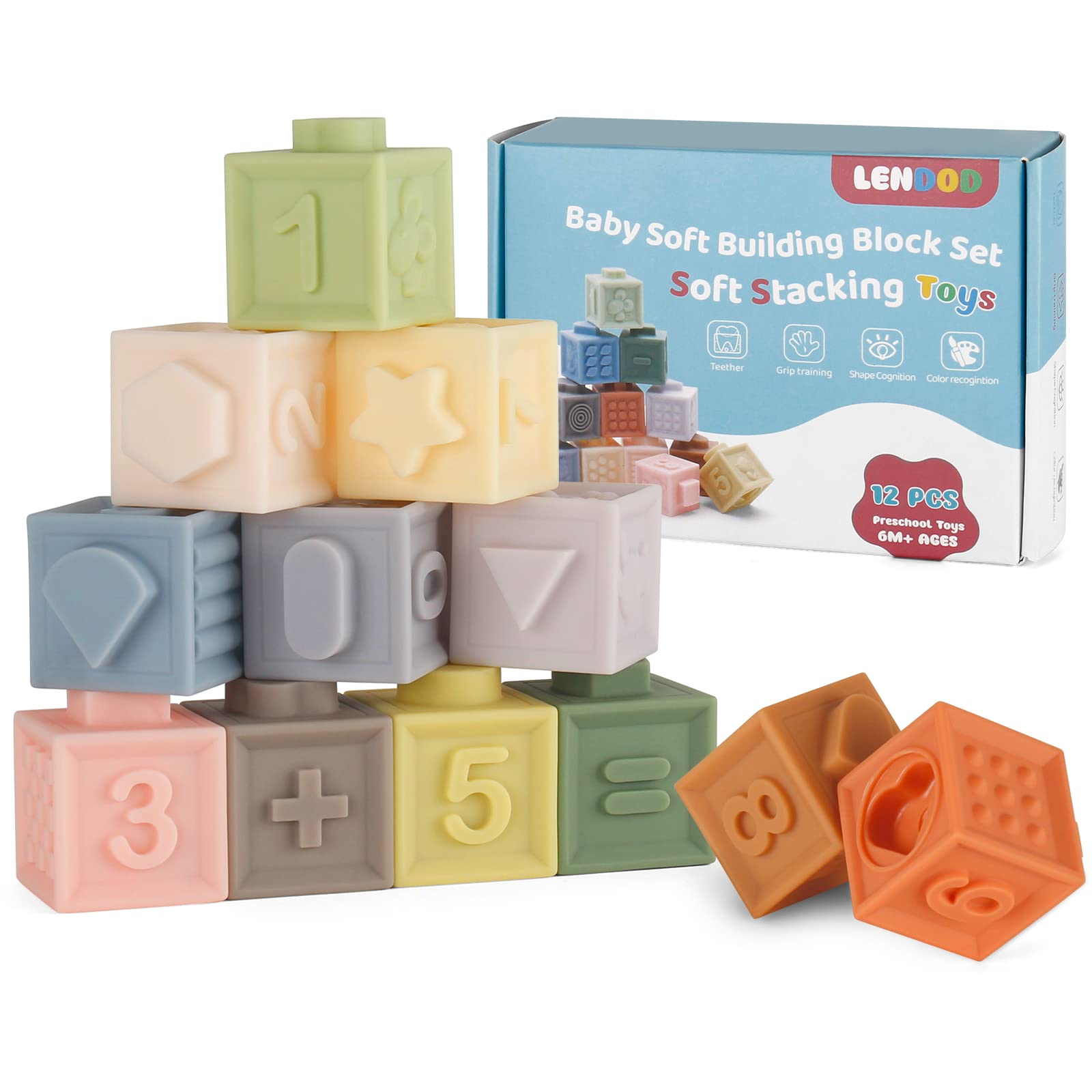 LENDOD Baby Soft Stacking Blocks Toys 12 PCS Educational Squeeze Infant Toys Play with Numbers Animals Shapes Textures for Toddlers Babies 6 9 12 Month 1 2 3 Year Old