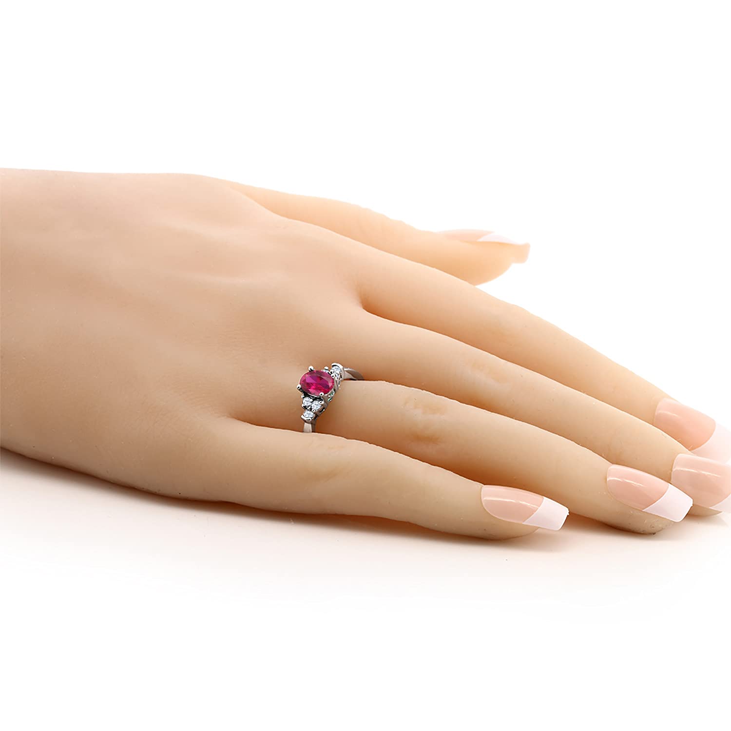 Gem Stone King 925 Sterling Silver Oval Red Created Ruby and White Topaz Ring For Women (0.74 Cttw, Available In Size 5, 6, 7, 8, 9)