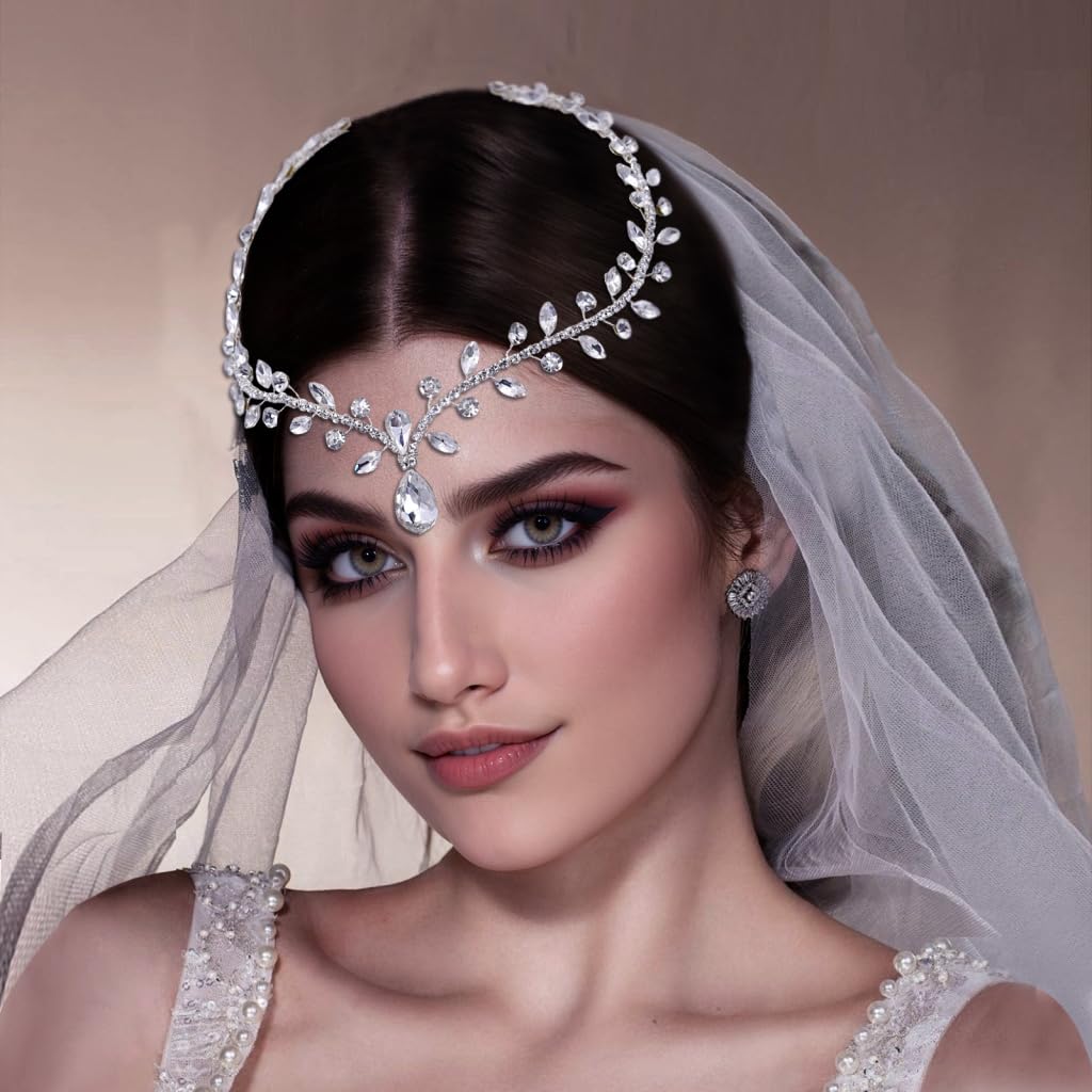 LOVFOIVER Bridal Rhinestone Headband Hair Comb for Women Wedding Teardrop Headpiece Bridal Forehead Head Chain Hair Accessories (silver)…