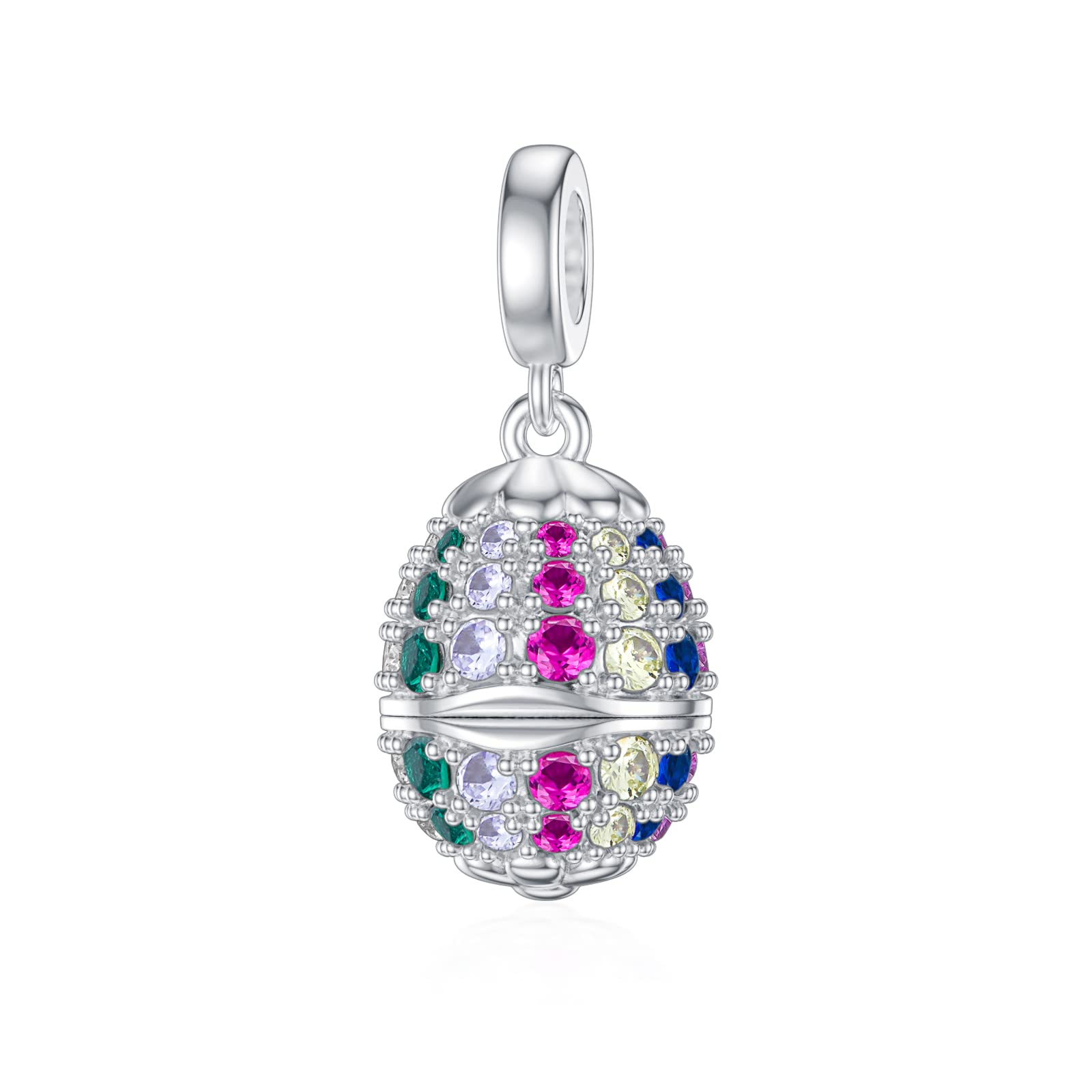 LONAGO Easter Egg Charm for Bracelet, 925 Sterling Silver Egg Bead Charm with Pearl Embellished Twelve Synthetic Birthstones Gift for Women Girls