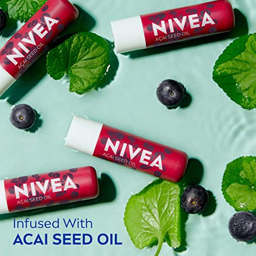 NIVEA Vegan Lip Care Acai Seed Oil and Shea Butter Lip Balm Stick, 0.17 Oz, Pack of 4