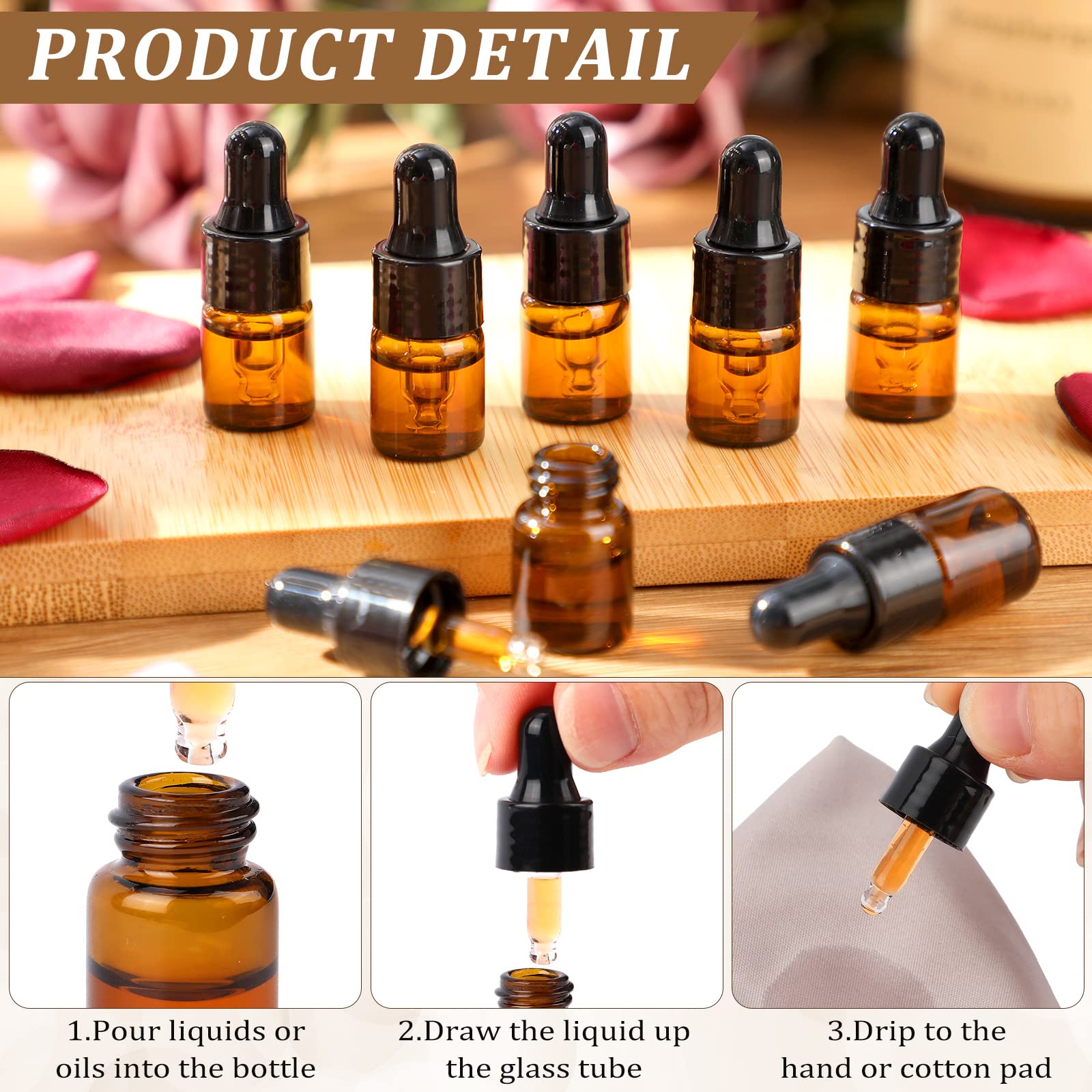 Nuogo 100 Pcs Amber Glass Mini Dropper Bottles Essential Oil Dropping Bottles Small Empty Sample Bottles Glass Vial with Dropper and Black Caps Tiny Amber Glass Bottles Perfume Jars for Traveling
