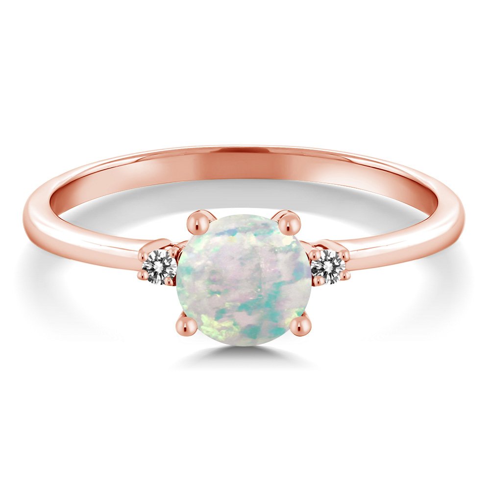 Gem Stone King 10K Rose Gold Simulated White Opal and White Diamond Solitaire Engagement Ring For Women (0.33 Cttw, Round Cabochon 6MM, Gemstone October Birthstone, Size 7)