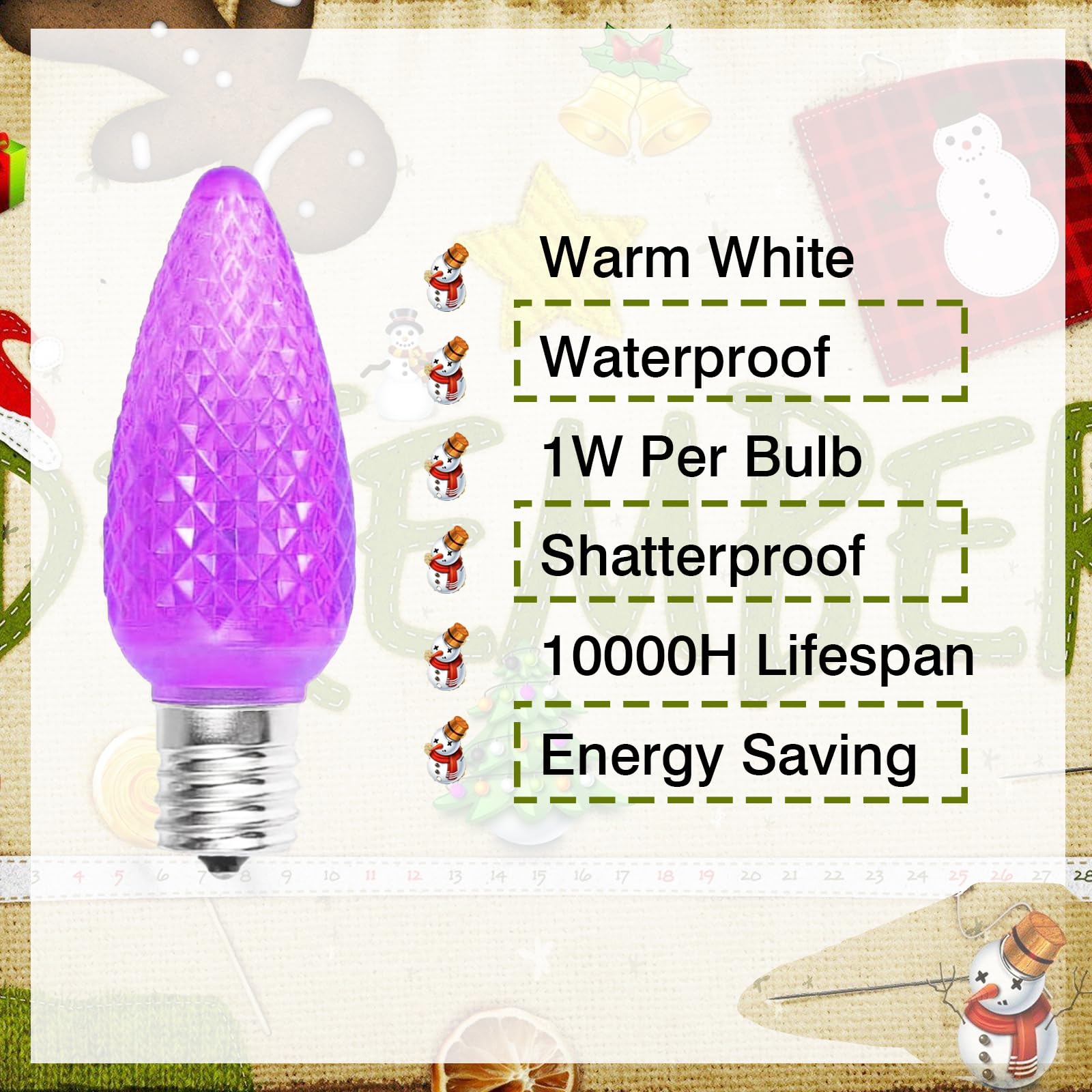 Jawtach C9 LED Christmas Light Bulbs - 25 Pcs C9 LED Bulbs Purple for E17 Candelabra Base - 1W for Outdoor String Lights, Holiday Decoration