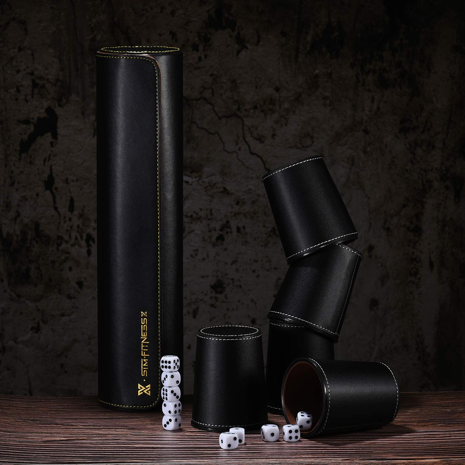 ImnBest Leather Dice Cup Set, 5 Black Leather Dice Cups + 25 Dice + Exclusive Storage and Transport Case Made of Faux Leather with Magnetic Closure..