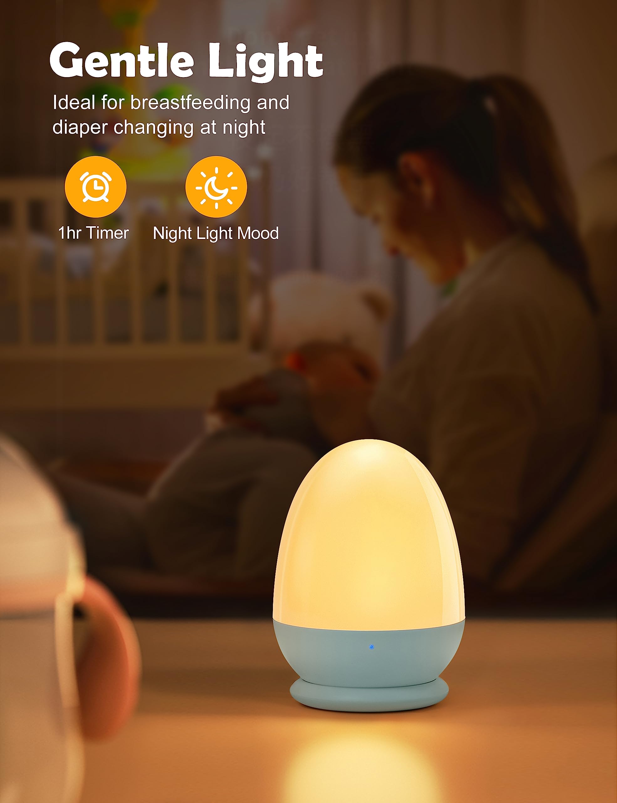 JolyWell Night Lights for Kids with Stable Charging Pad, Touch Control&Timer Setting, ABS+PC Baby Egg Lamp for Breastfeeding，Blue