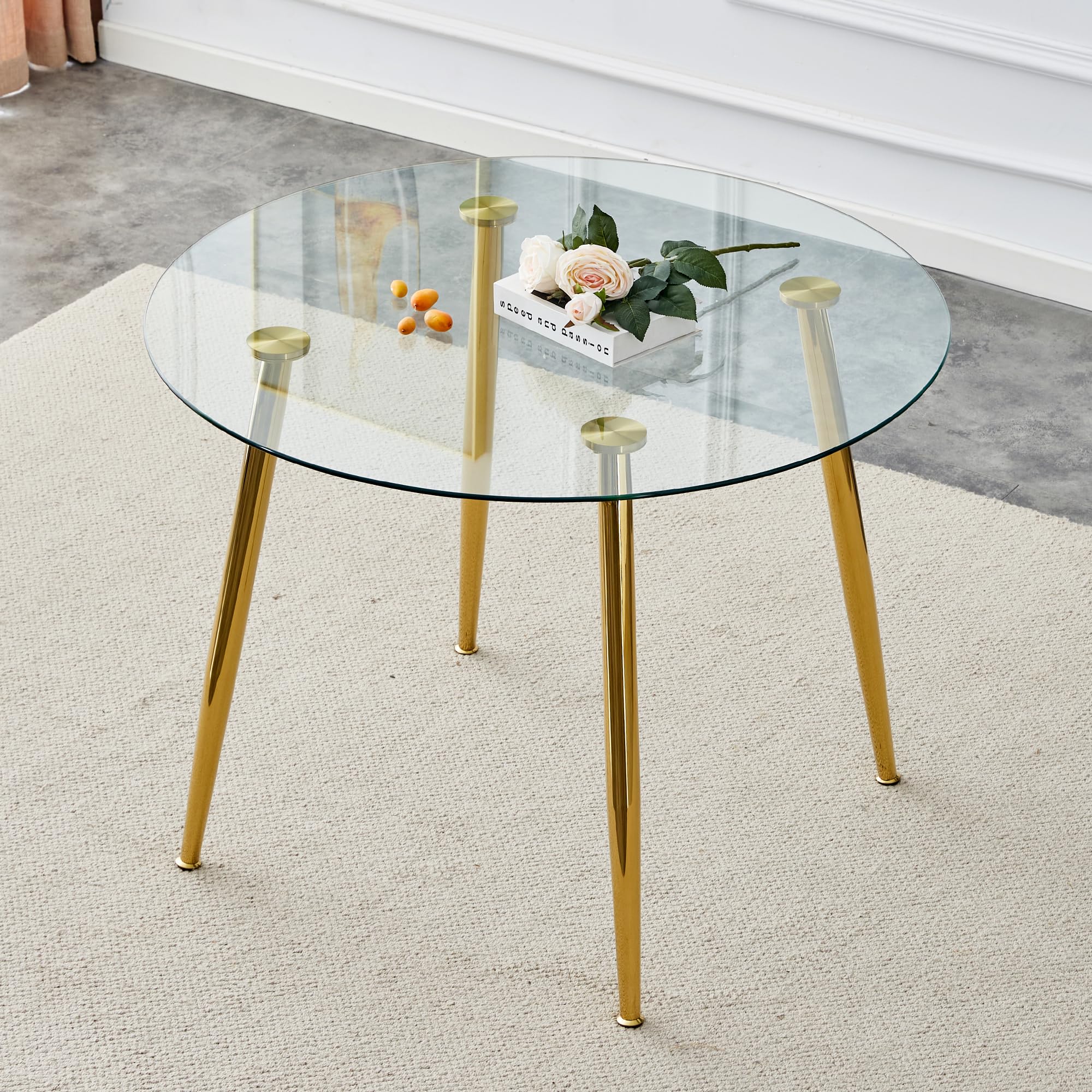 gopop Glass Dining Table Set for 4,5 Piece Round Dining Table Set,Gold Glass Dining Table with 4 White Leather Dining Chairs,Round Kitchen Table Set,Ideal for Apartment Living Room