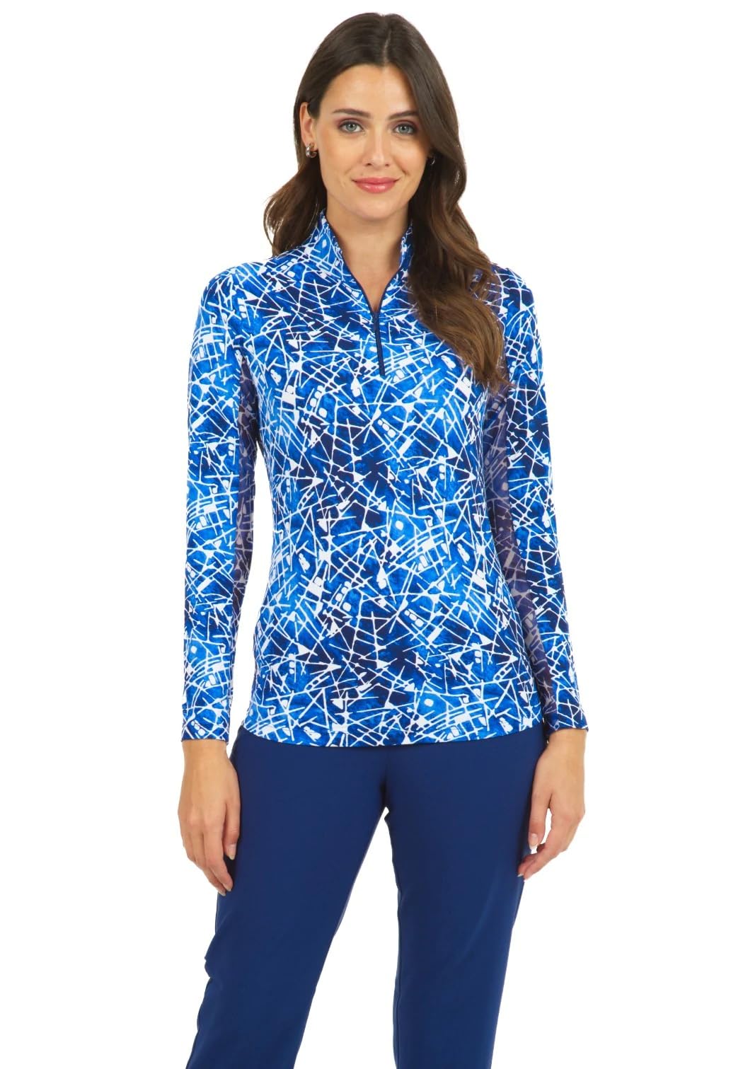 IBKUL Athleisure Wear Sun Protective UPF 50+ Icefil Cooling Tech Evie Print Long Sleeve Mock Neck Top - 10182 Watermelon/White Evie XXL