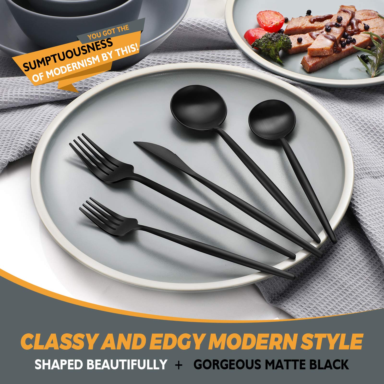 Luxury Matte Black Silverware Set, 20-Piece 18/8 Stainless Steel Flatware Sets for 4, Silverware Flatware Set for Home, Kitchen and Restaurant