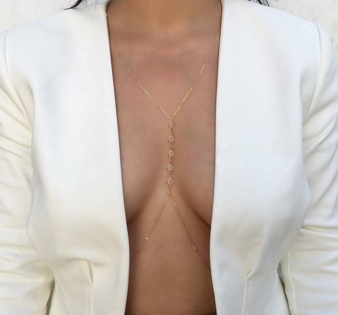 Gold Body Necklace for Women, Sexy Bikini Chain Body Necklace,(Clear Crystal)