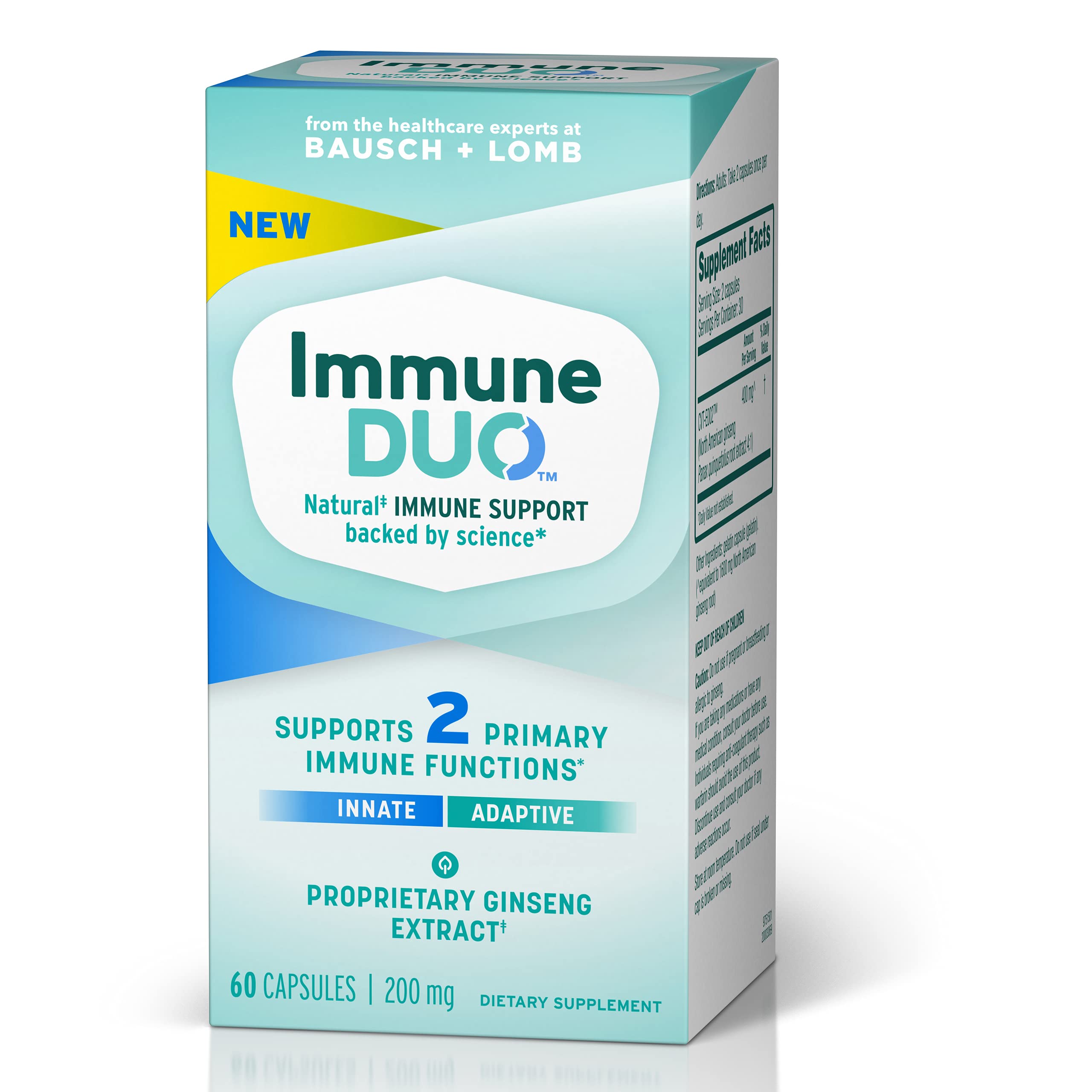 Immune Duo Ginseng Immune Support, American Ginseng Extract, Dietary Supplement, Naturally Derived, 60 Capsules, 200mg, Multi