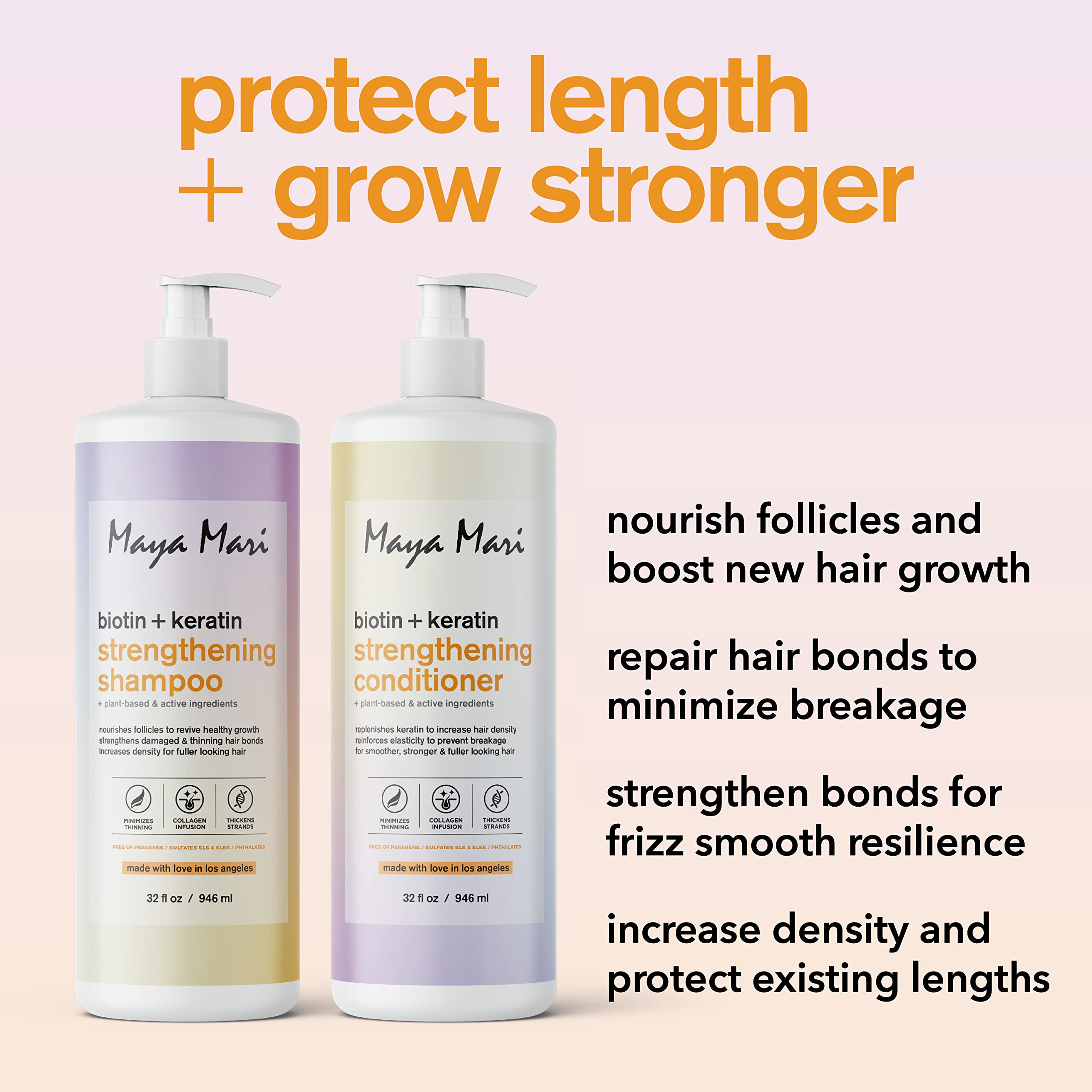 Maya Mari Biotin Keratin Strengthening Shampoo & Conditioner Set Sulfate Free Thickening for Thinning Hair, 32 fl oz ea