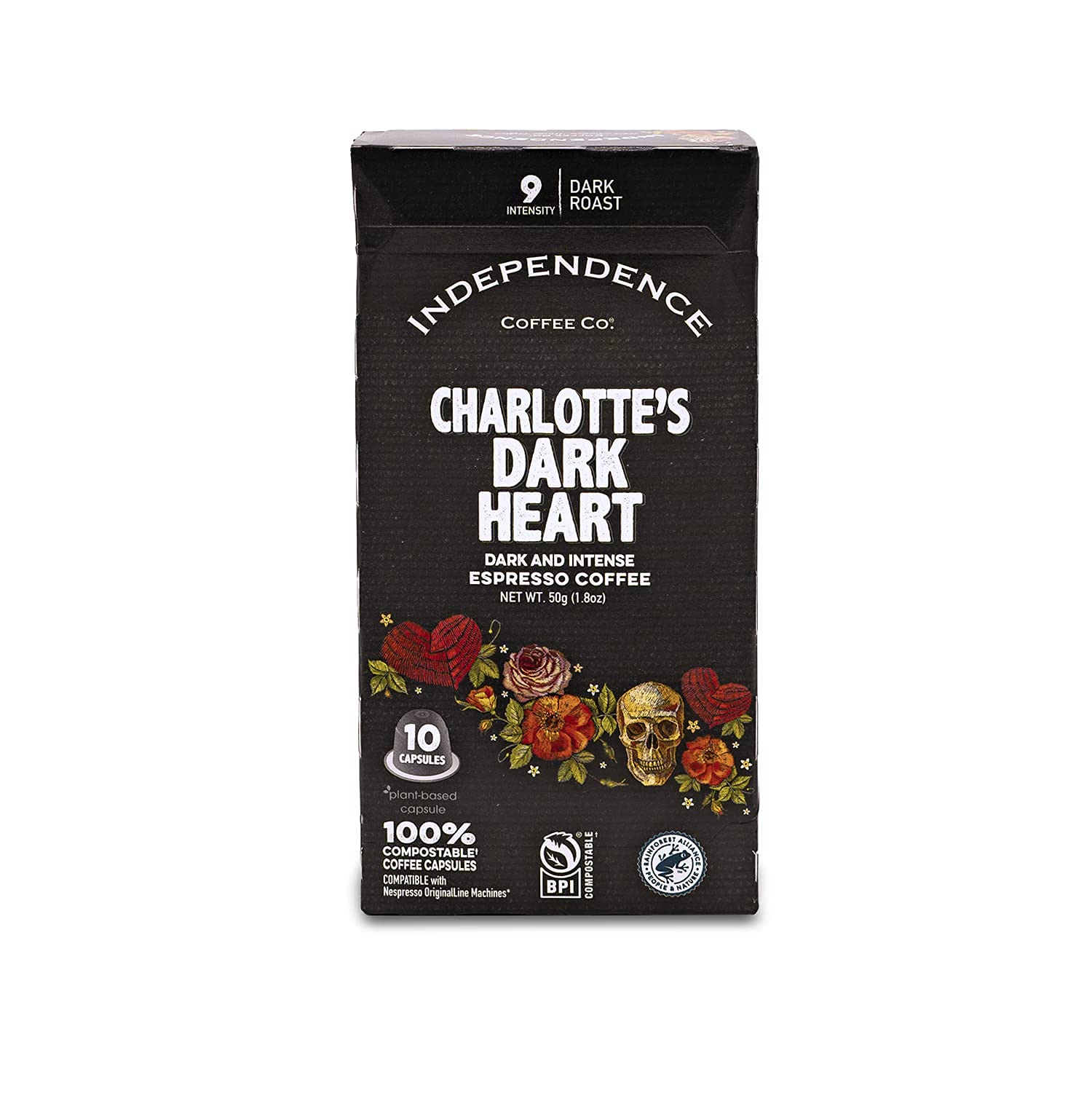 Independence Coffee Co. Nespresso Compatible Capsules, Compostable Plant Based Coffee Pods, Charlotte's Dark Heart, Dark and Intense Espresso Coffee, 10 Count (Pack of 6) - Compatible with Nespresso OriginalLine Espresso Makers