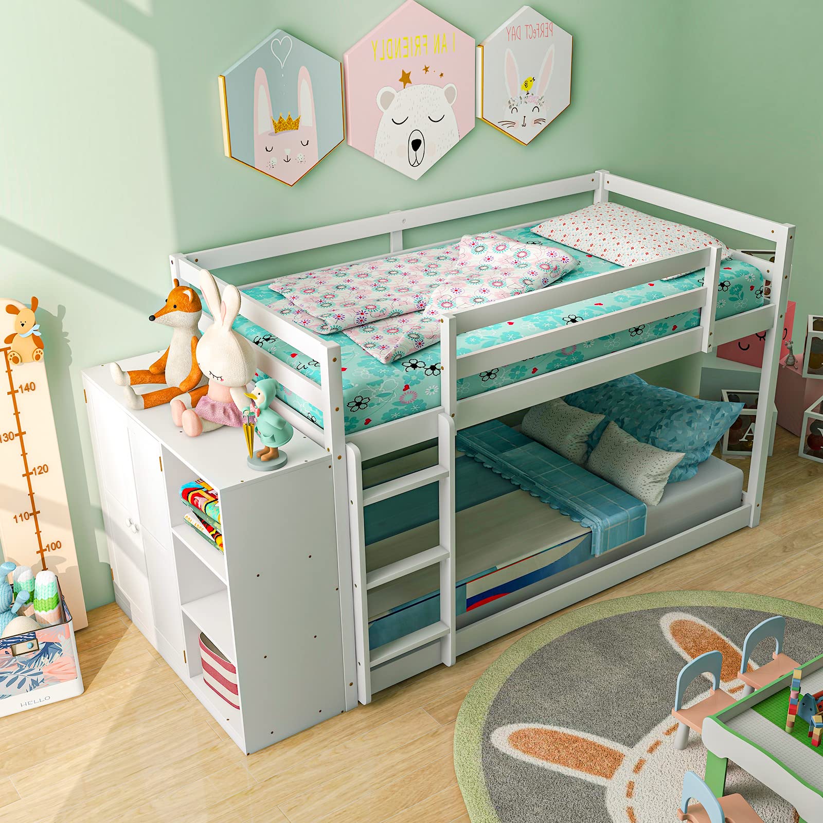 Giantex Twin Over Twin Bunk Bed with Storage Shelves, Solid Wood Bunk Bed Frame with Convertible Bookcase & Ladder, Floor Low Bunk Bed with High Guardrails for Kids Teens, No Box Spring Needed, White