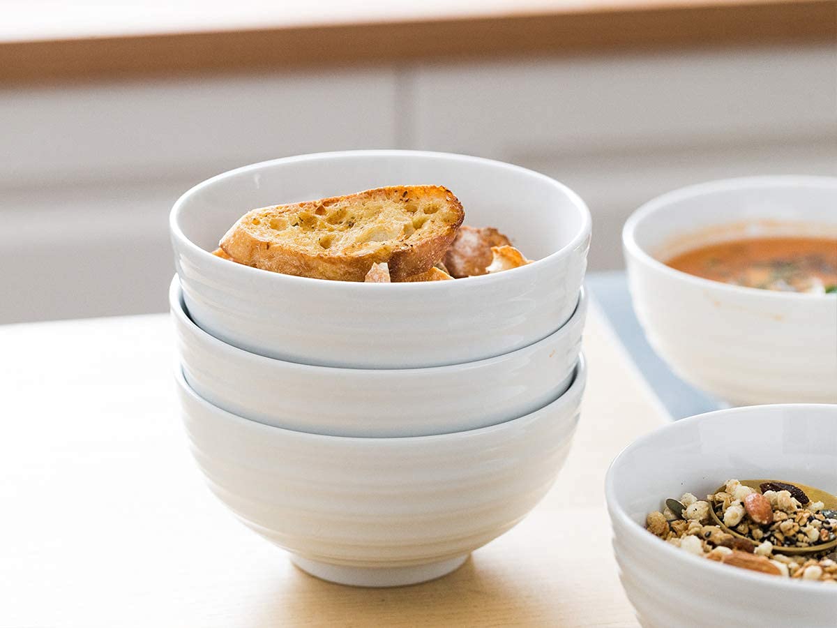 LAUCHUH Stackabel Bowl Set Porcelain Soup Bowls 28 Ounces Cereal Bowl Set with Serving Stand Large Bowl Porcelain Cereal Soup Salad with Bowl Organizer, 6 pack