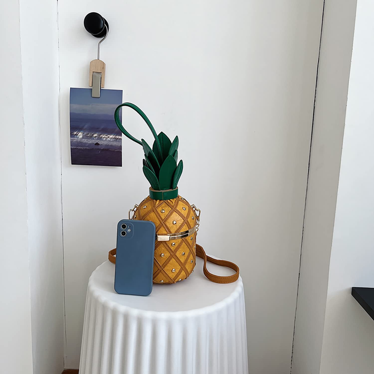 OXYPLAY 3D Pineapple Bucket Purse for Women,Trendy Chain Messenger Crossbody Bag with Rivet, Tropical Hawaiian Party Shoulder Handbag (Yellow)