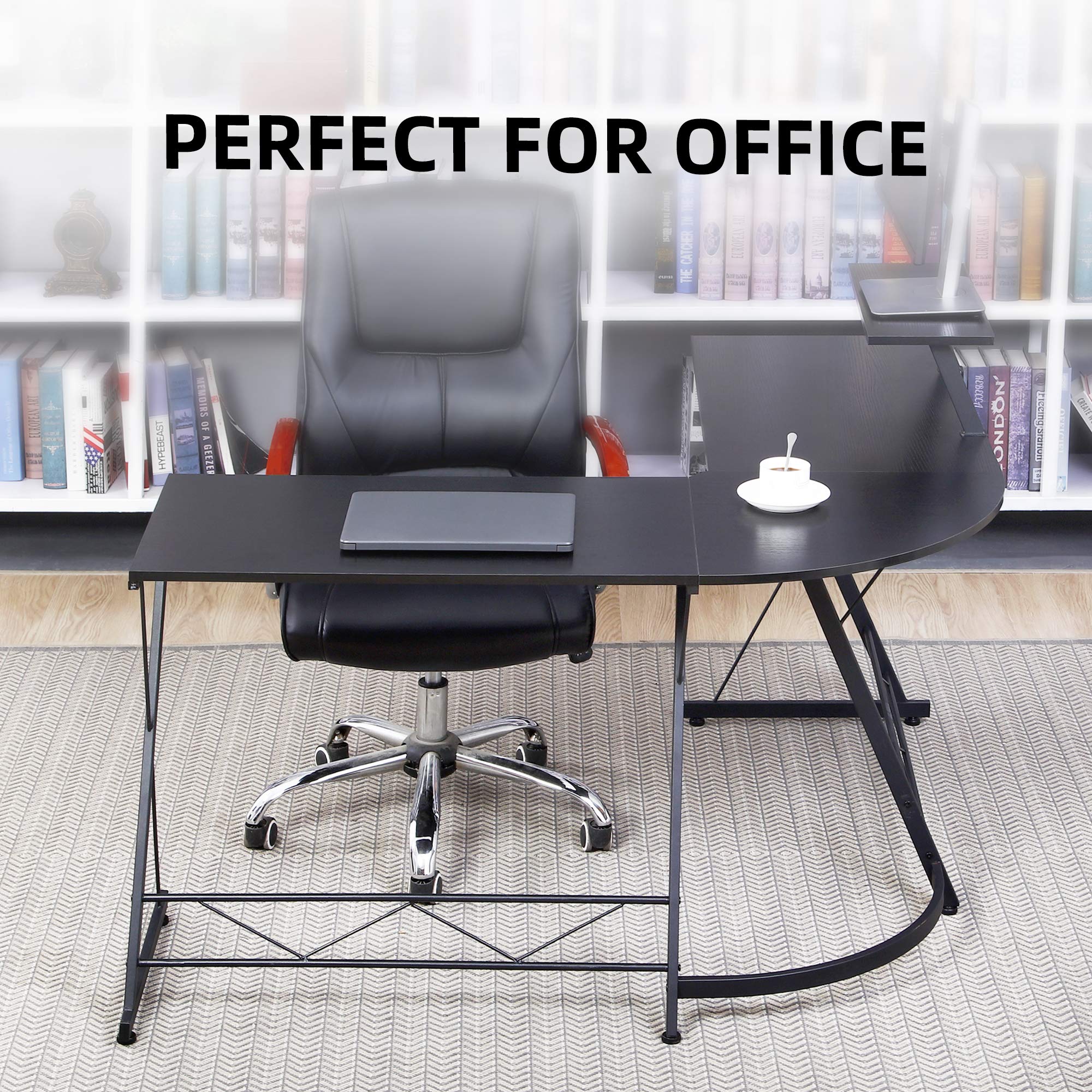 IDEALHOUSE L Shaped Computer Desk, Corner Home Office Desk, Space Saving Gaming Computer Desk PC Table Workstation with Large Monitor Stand, 50.59x50.59x29.33inch (Black)