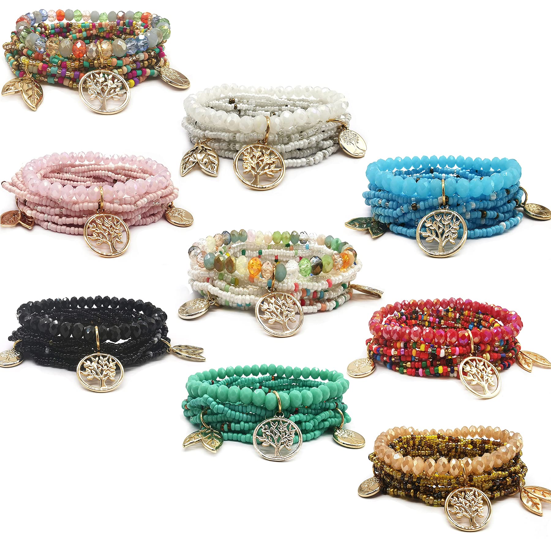 Jewdreamer 9 Pack Bohemian Beaded Bracelets for Women Boho Stackable Multilayer Stretch Bracelet Set Charm Tassel Pendant Acrylic Beaded Tree of life Statement Bangles