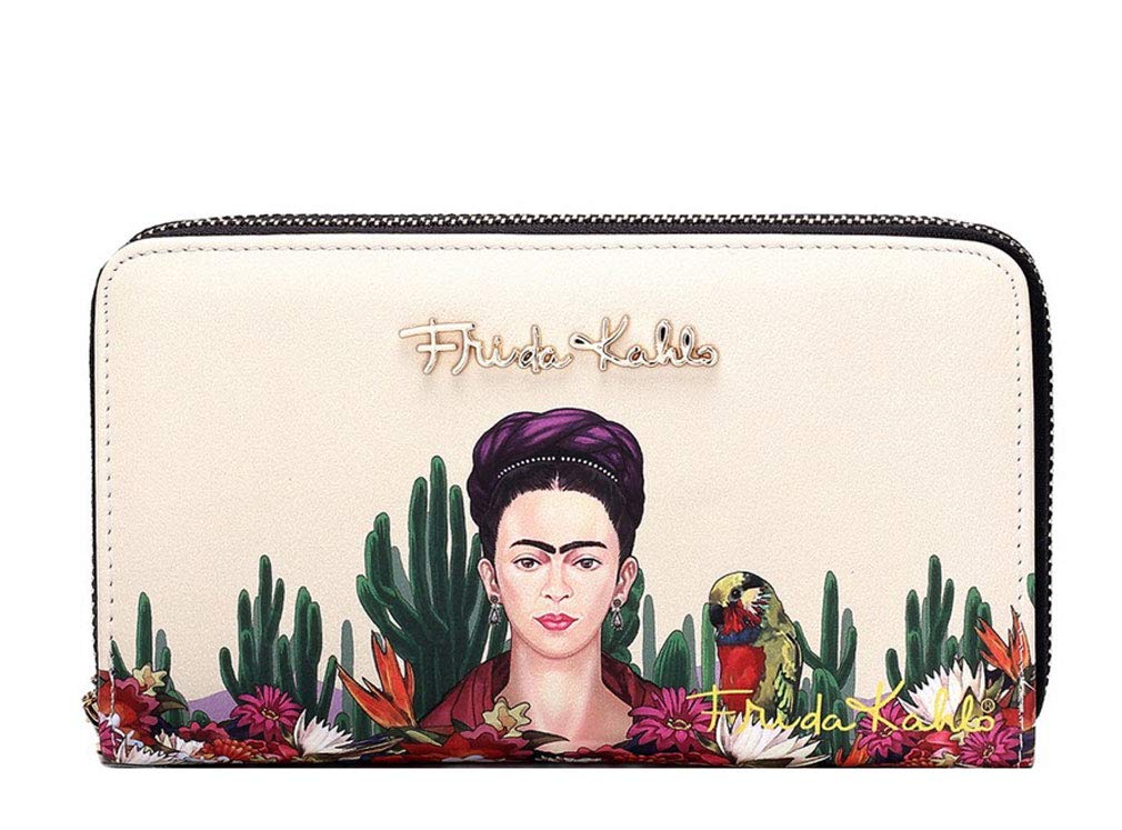 LuxeBag Frida Kahlo Faux Leather Double Zip Wallet with Wristlet (Beige/Black)
