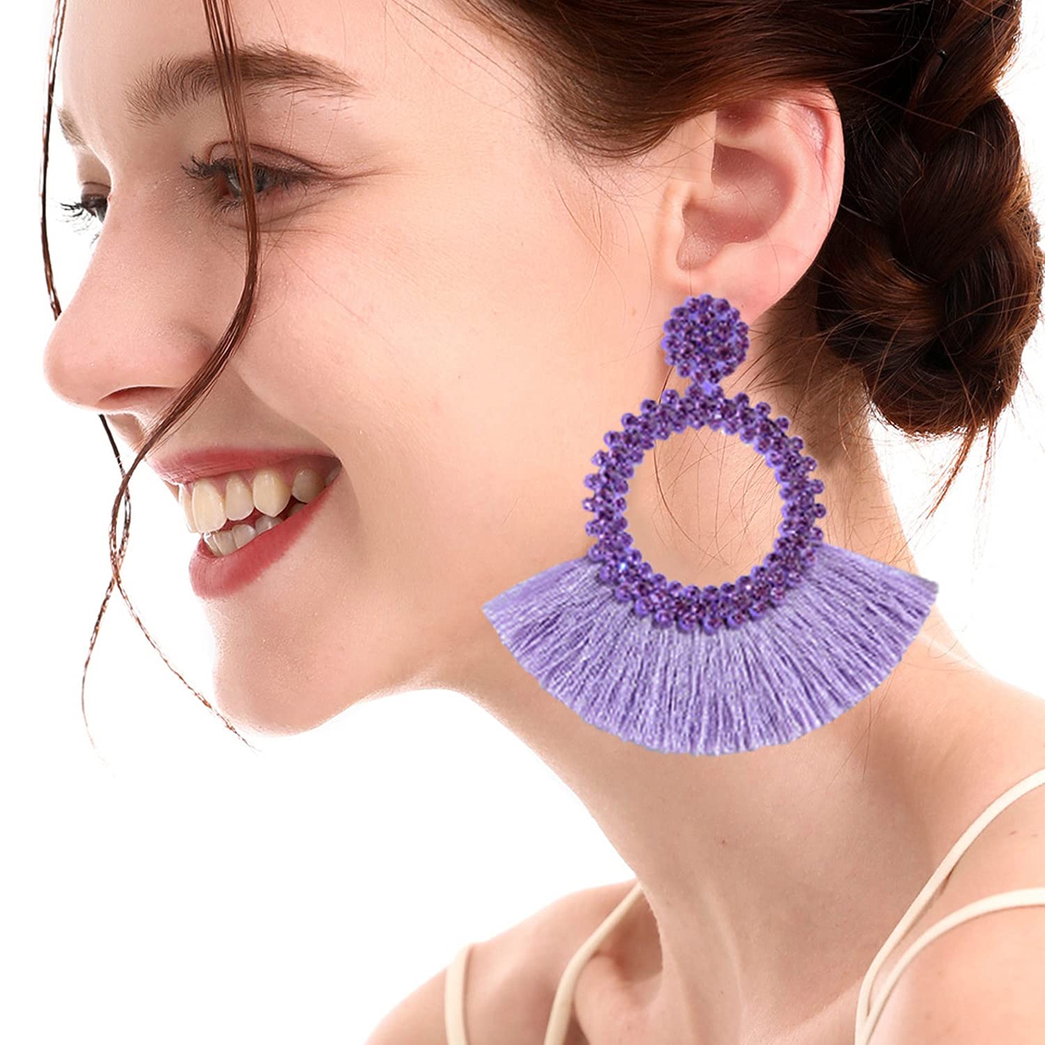 Handmade Bohemian Tassel Crystal Statement Drop Dangle Earrings for Women Hoop Fringe Lightweight Ear Jewelry Summer Accessories (Purple)