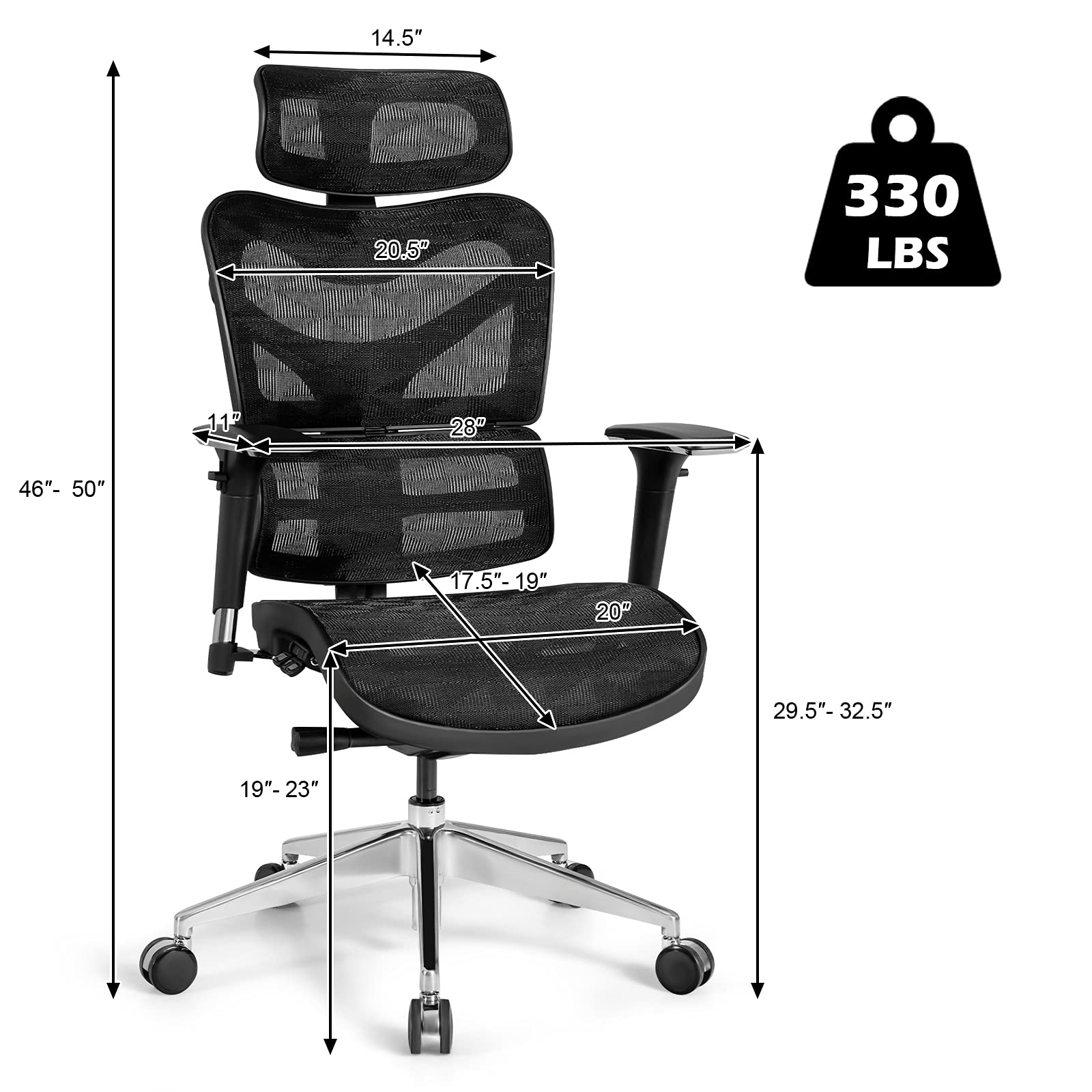 Giantex Ergonomic Office Chair, High Back Computer Chair w/Lumbar Support & 3D Armrests, Rolling Swivel Chair w/Adjustable Headrest & Tilt Function, Mesh Desk Chair for Home Office Executive Gaming