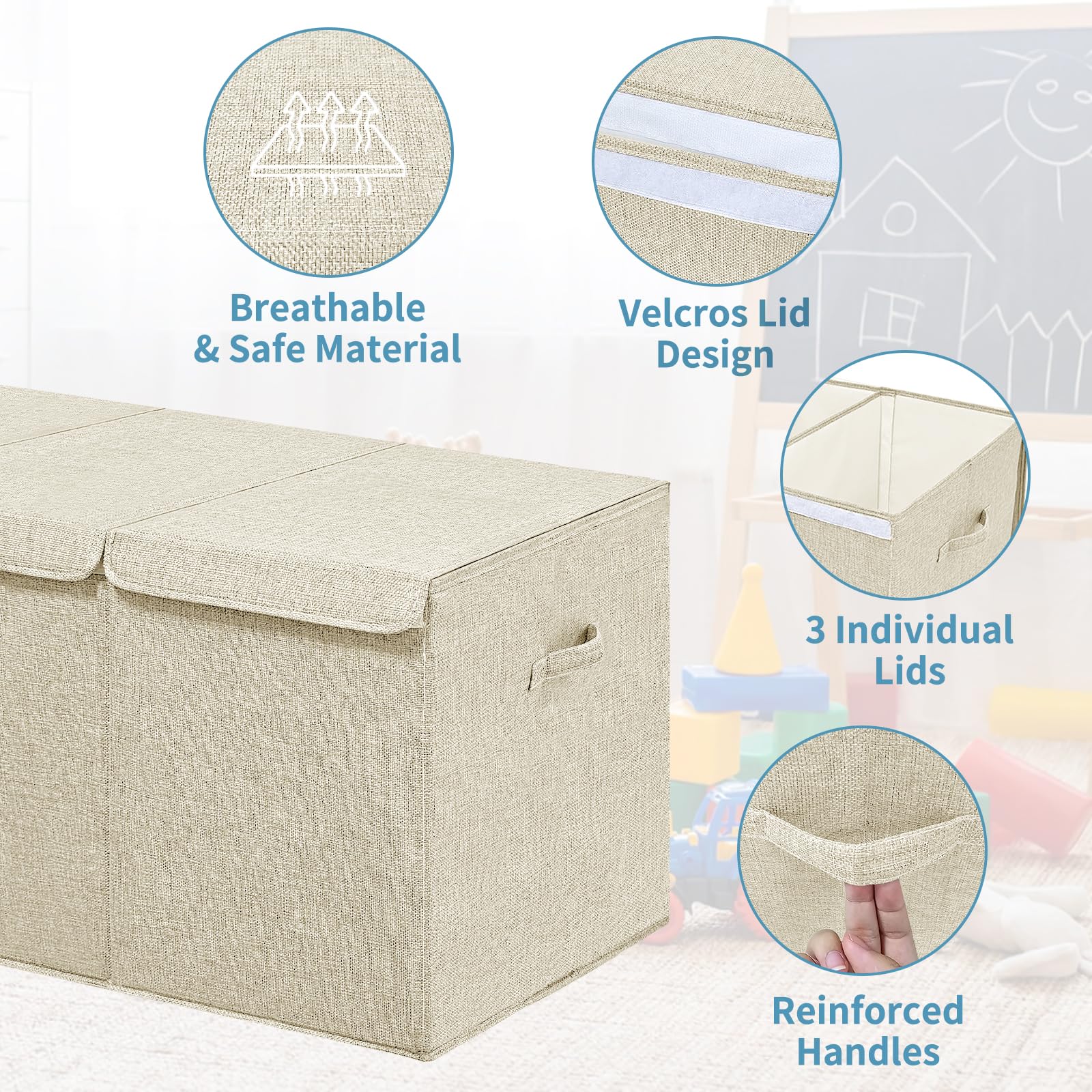 Hoyula Extra Large Fabric Toy Box Storage Container, Collapsible Sturdy Linen Organizer Chest with Lid Bins Basket for Kids, Nursery Room, Playroom, Closet, Beige, 1 pack